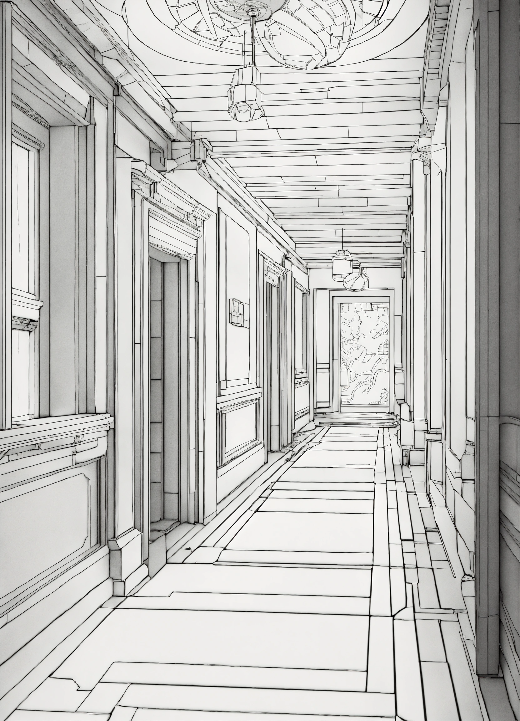 Lexica - Coloring book page, isometric hallway, 3d art, black and white ...