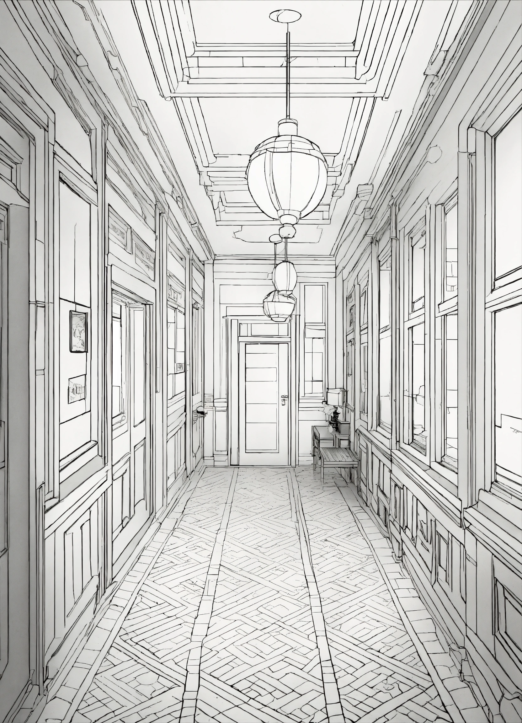 Lexica - Coloring book page, isometric hallway, 3d art, black and white ...