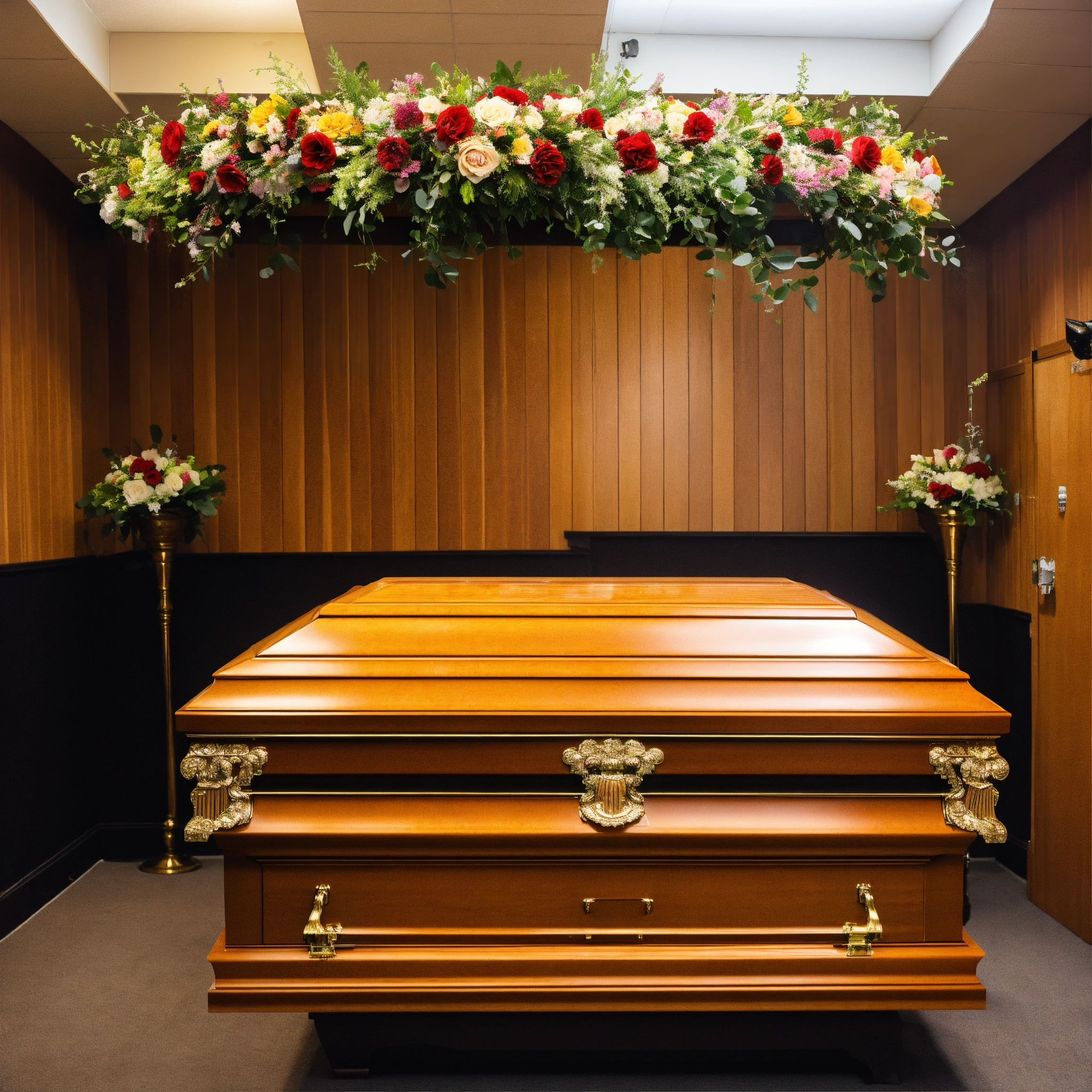 Lexica - A photo of a casket in a funeral home. The casket is open and ...