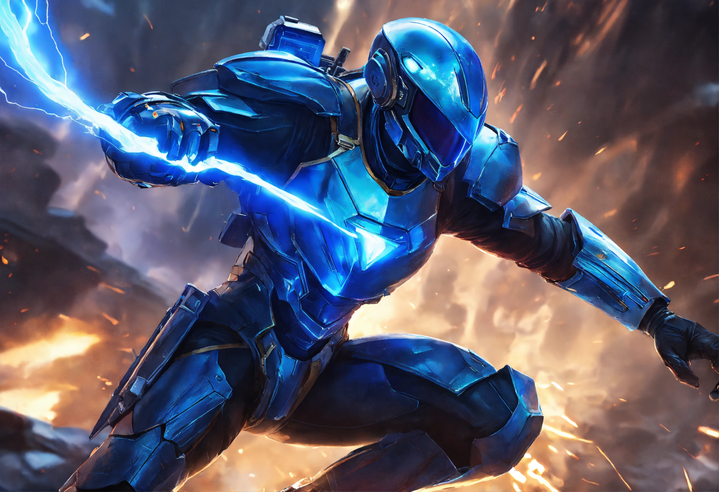 Lexica - Soilder in blue futuristic armor fly over the battleflied ...