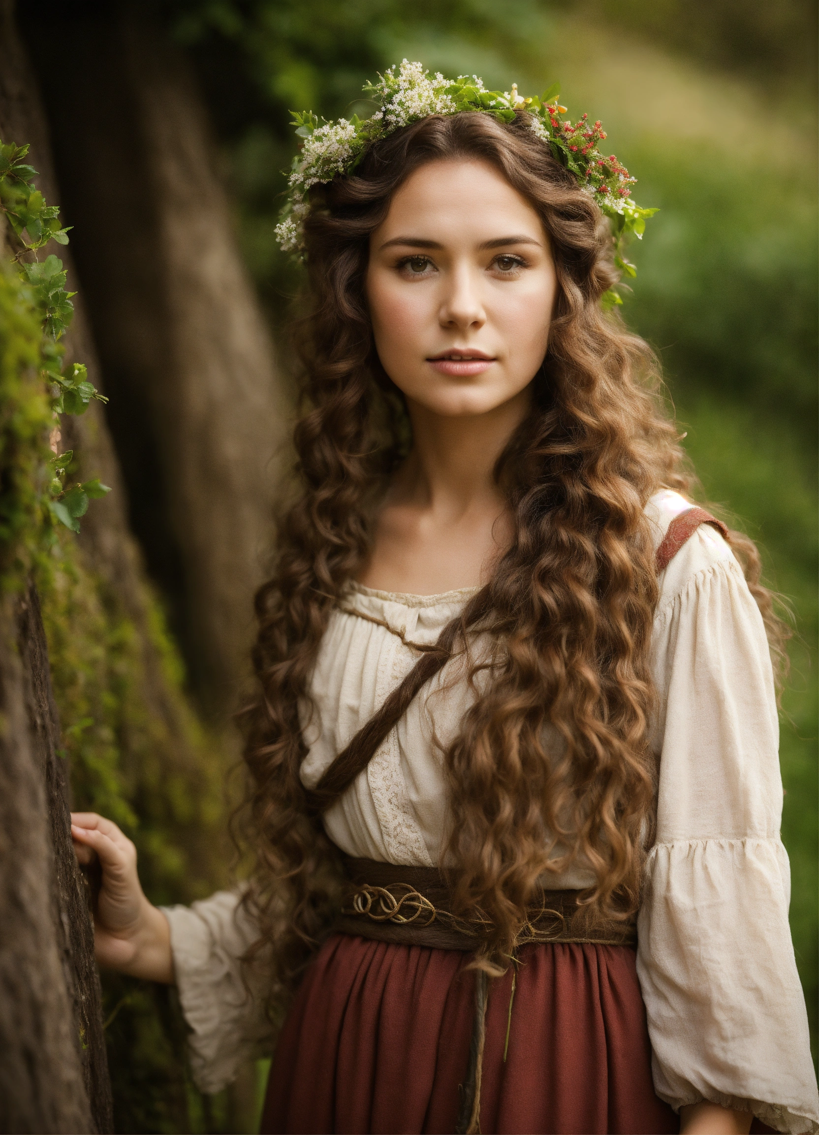 Lexica - A beautiful Hobbit woman with long curly brown hair in English ...