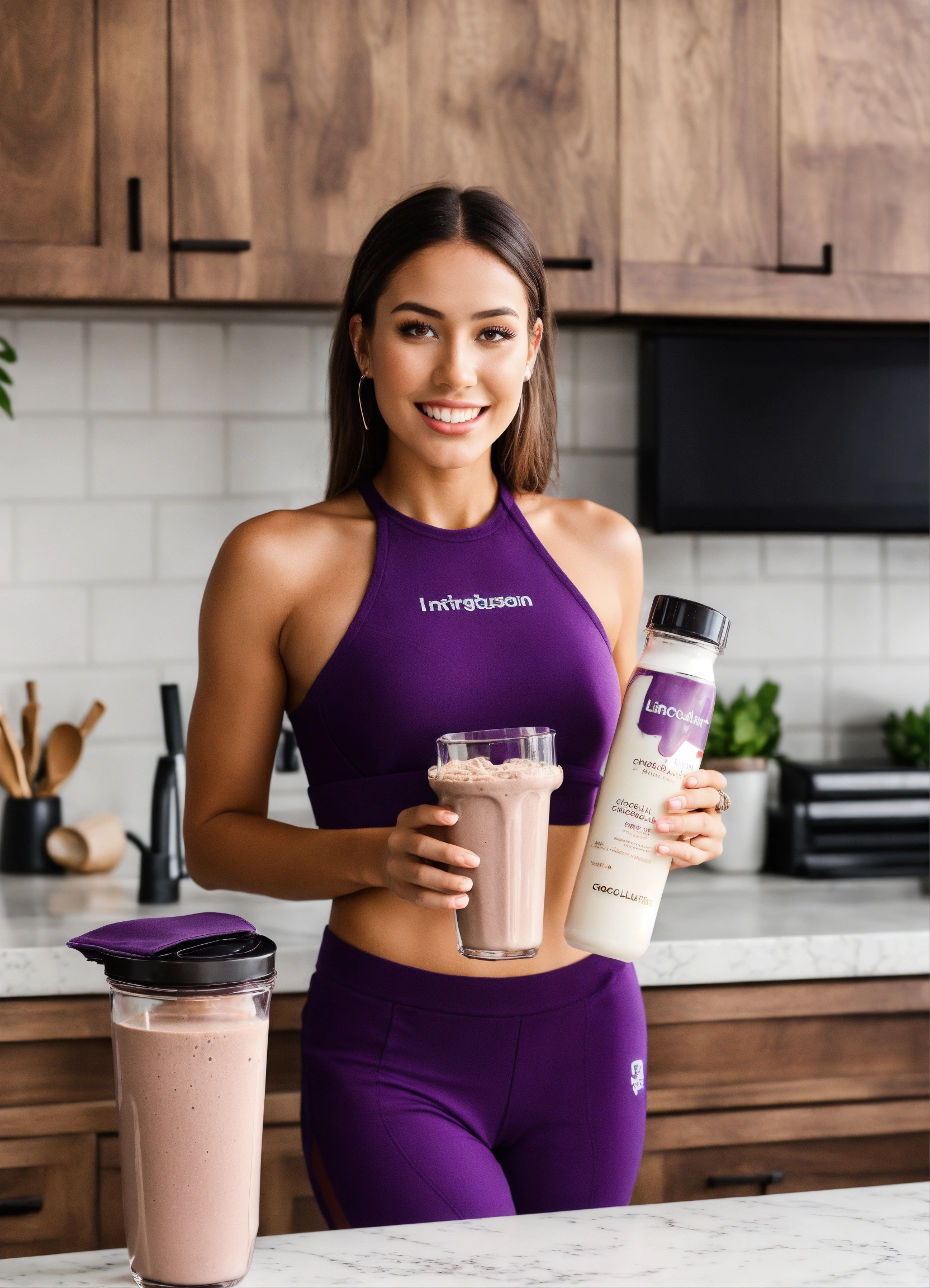 Lexica - Instagram female influencer showing a chocolate protein shake ...
