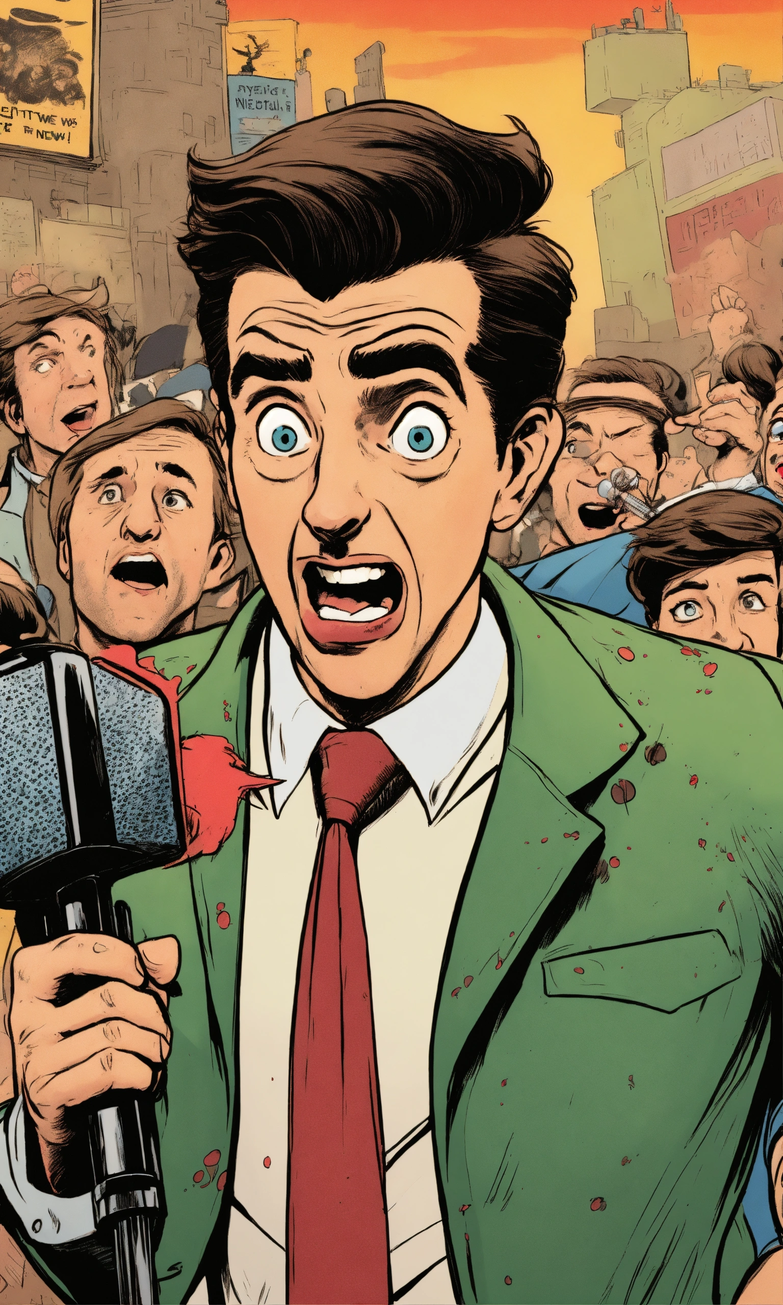 Lexica - A hysteric news reporter, with exaggerated features and a ...