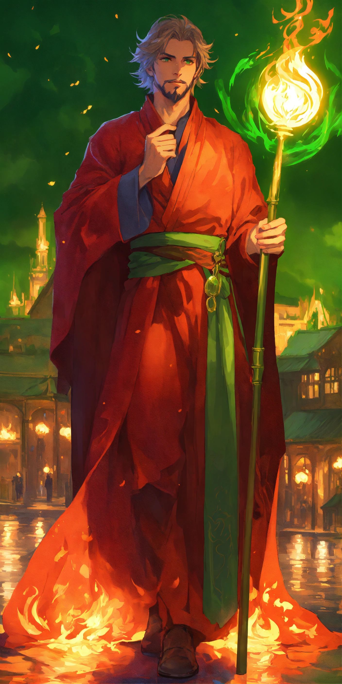 Lexica - Handsome, human, imperial male fire wizard with goatee, holding glowing fire staff and ...