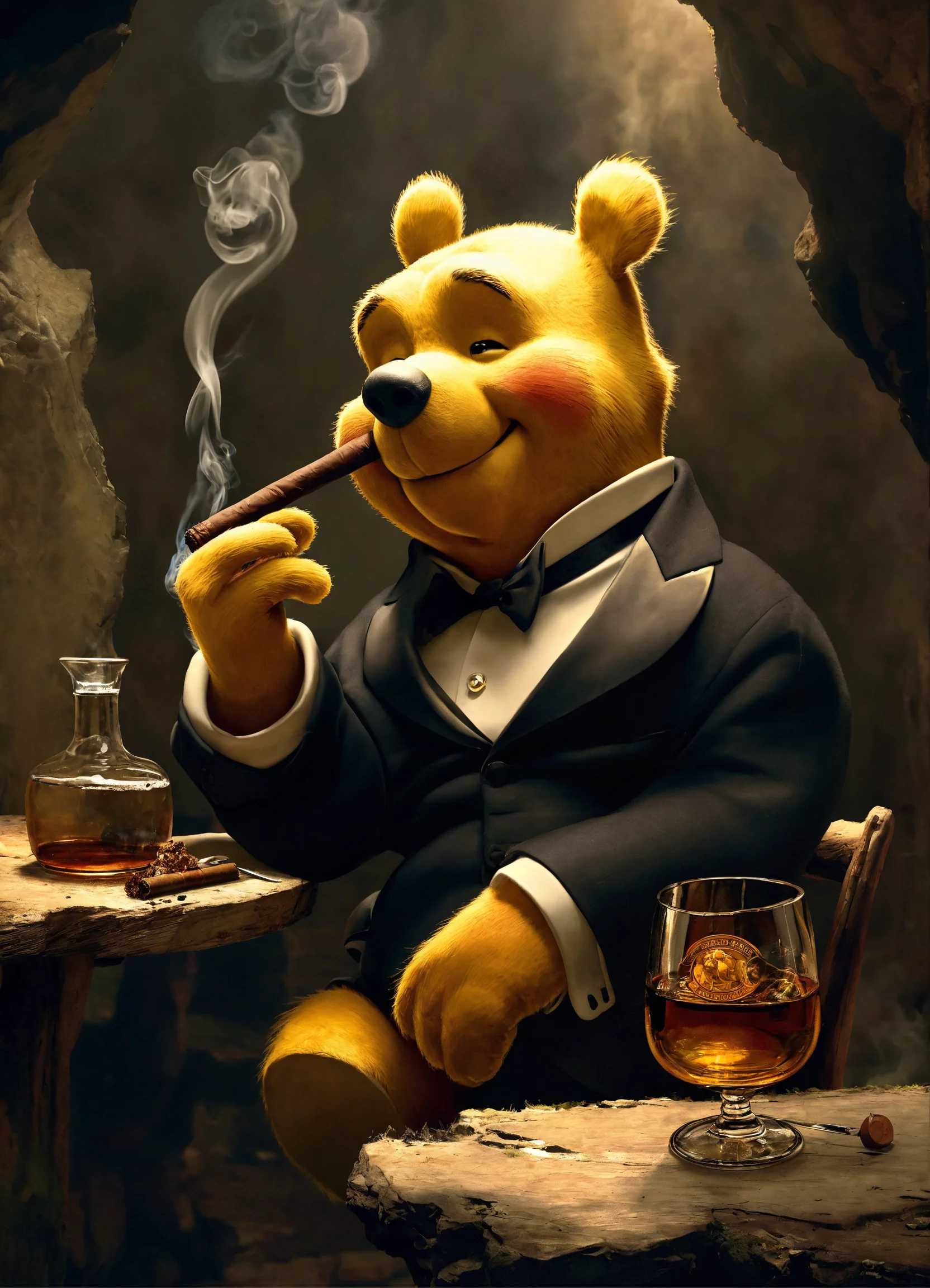 Lexica - Winnie the pooh in a tuxedo, serious look on his face, sitting ...