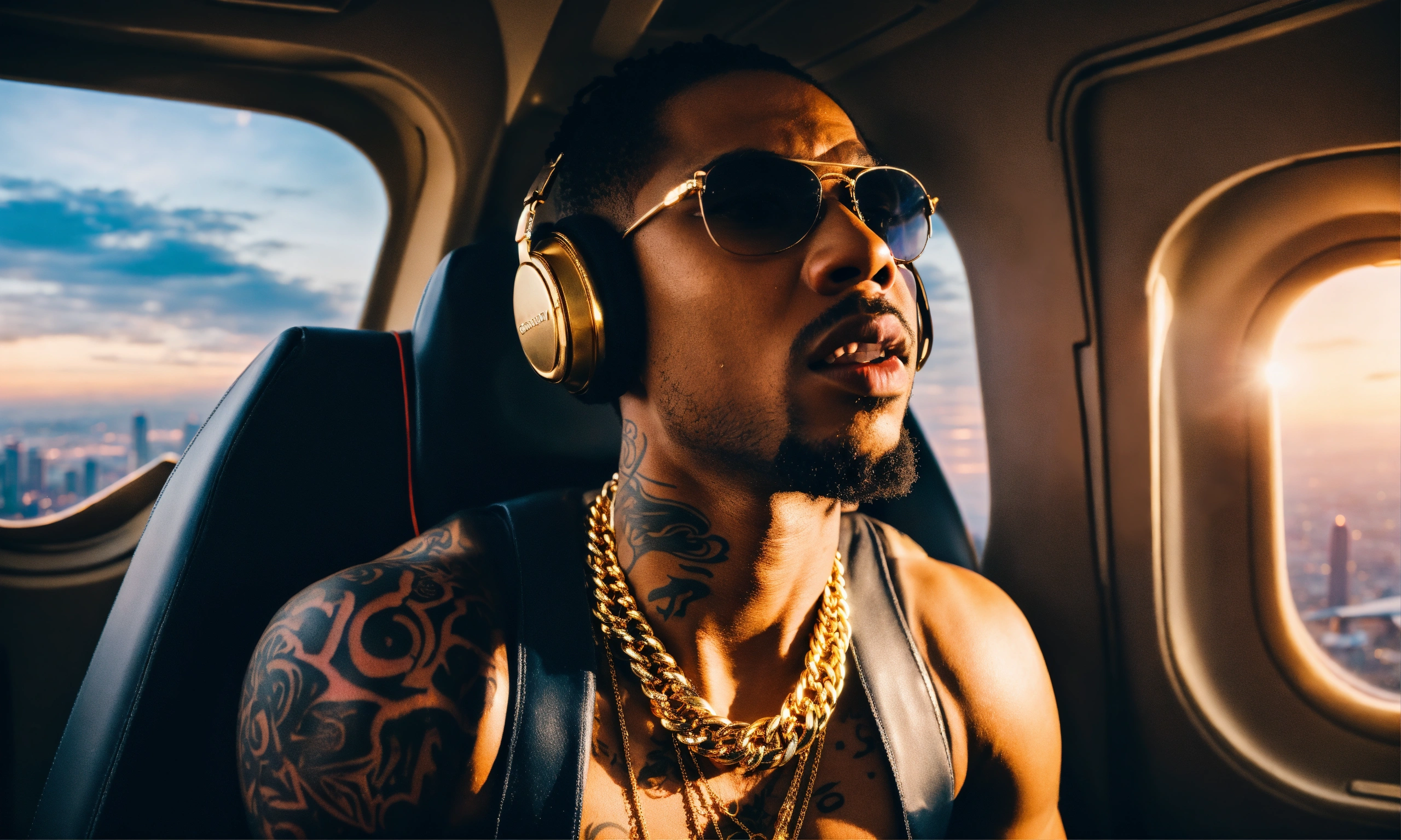Lexica - Full body shot of rapper "Slim Dunkin" IN An AIRPLANE in the ...