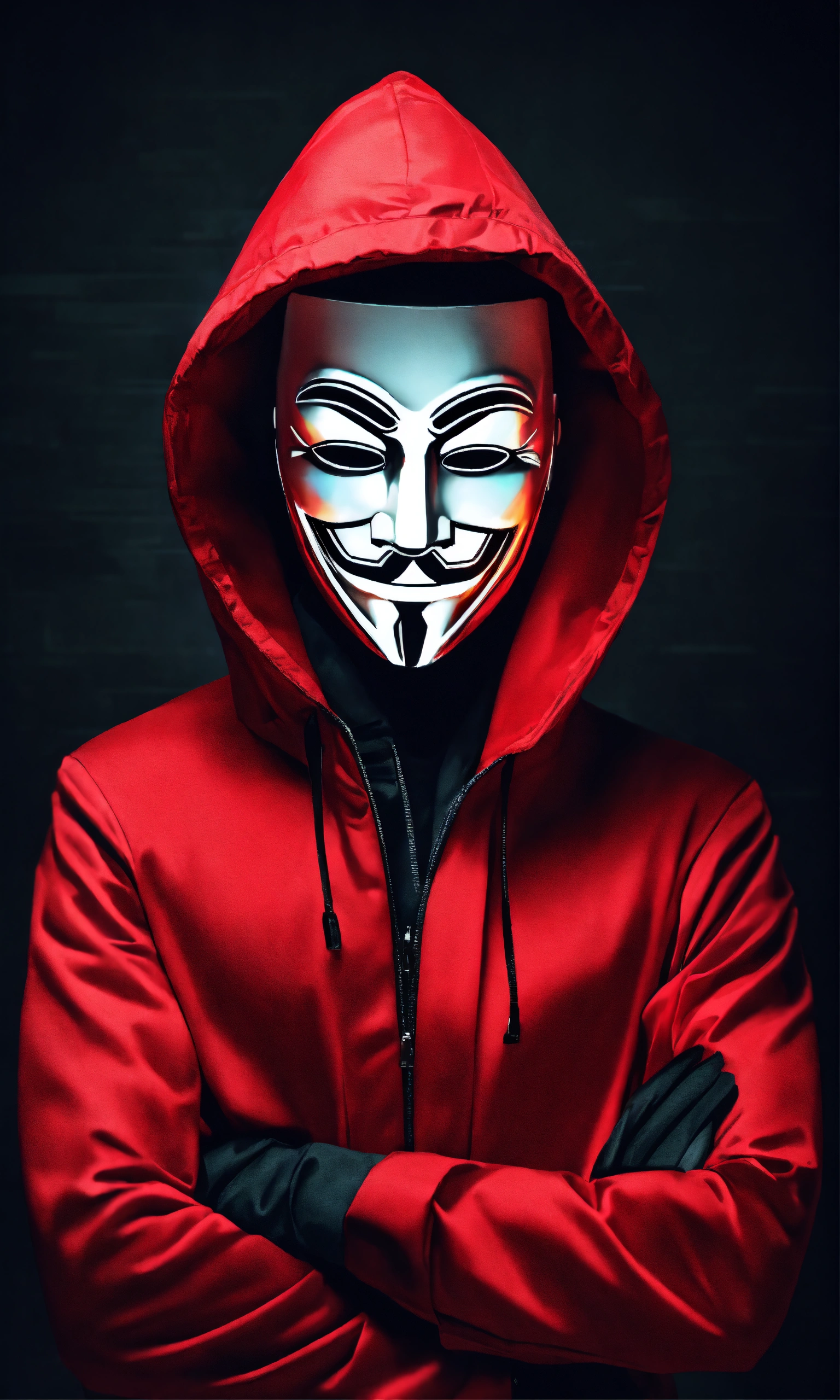 Lexica - Anonymous hacker in red jacket with dark hidden face with arms ...