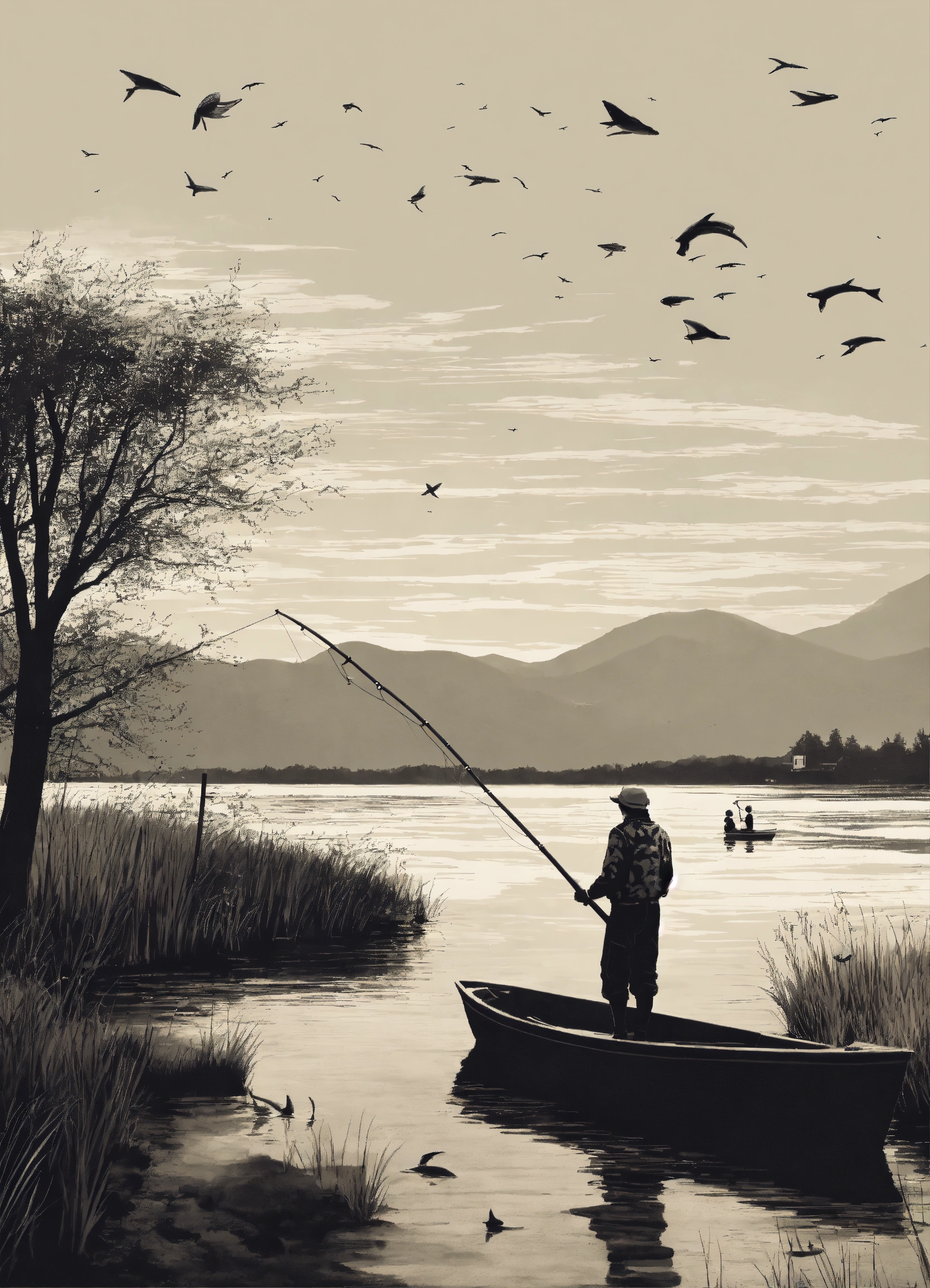 Lexica - Simple fisherman catching fish monochrome print