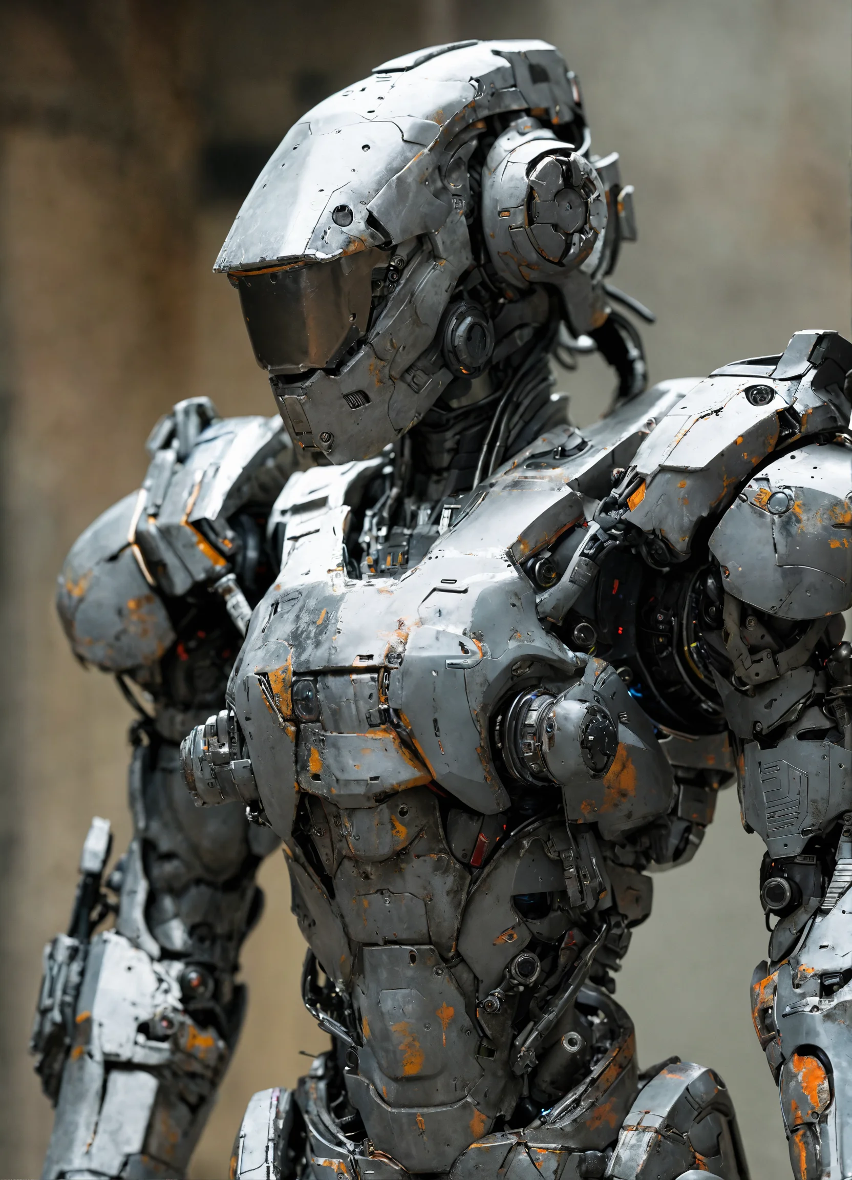 Lexica - Heavily augmented cyborg with weathered gray armor.