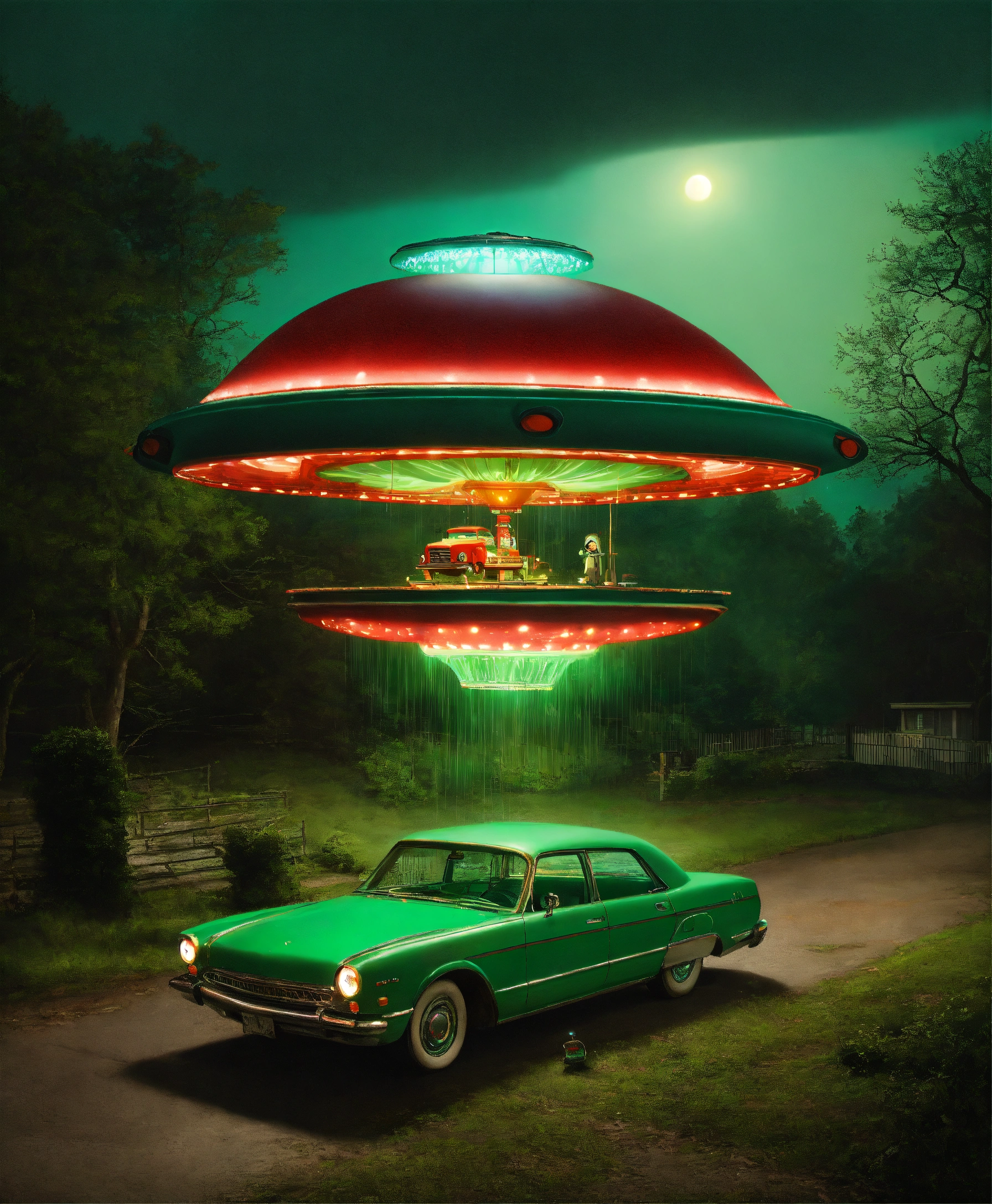 Lexica - A surreal UFO abducts a car whit a green light rain night by ...