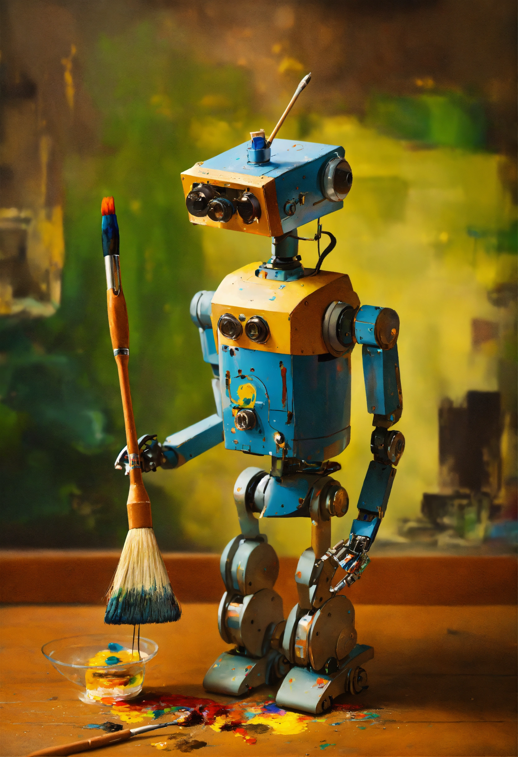Lexica - Robot that paints picture, holding paintbrush in his hand