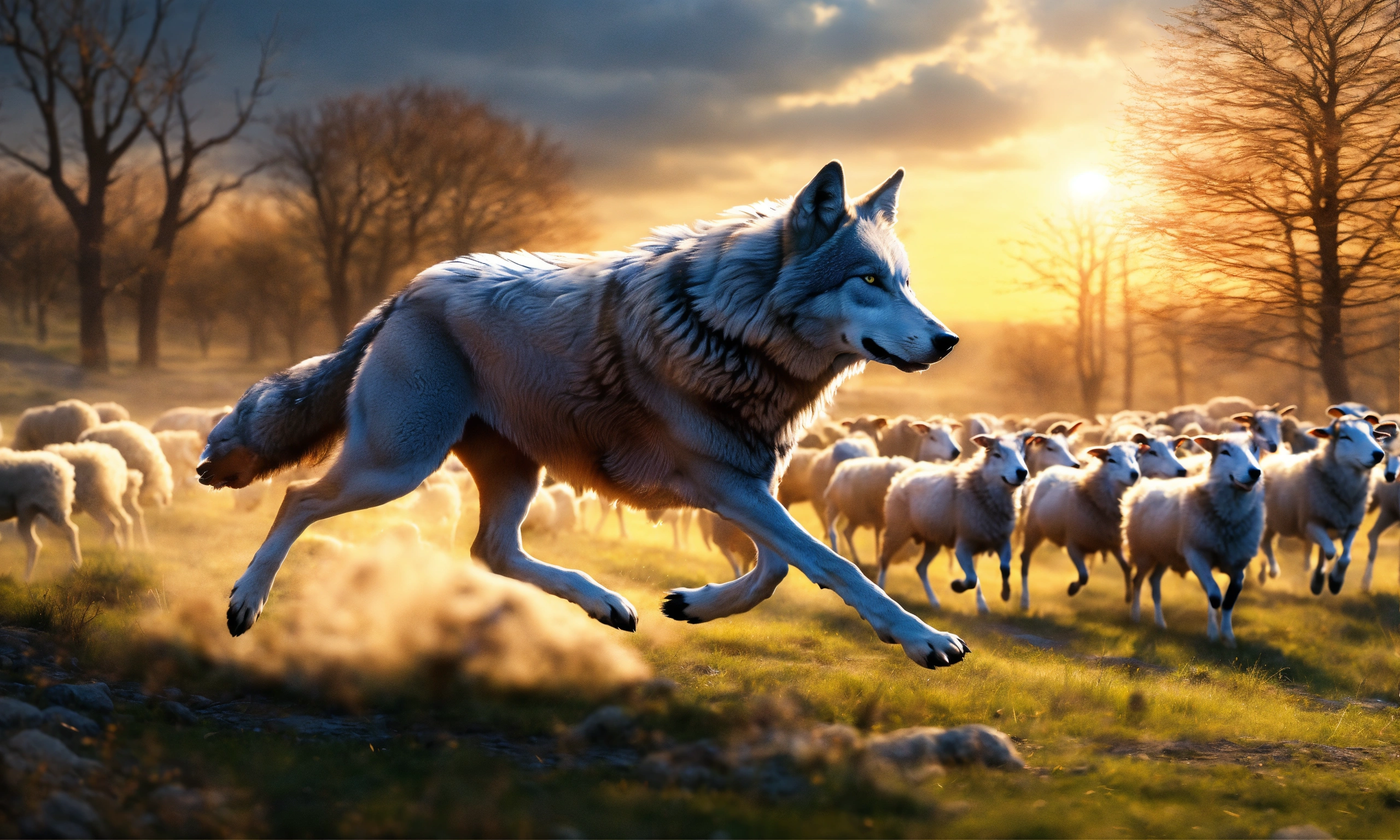 Lexica - Very high detailed 2d illustration of wolf chasing sheep's