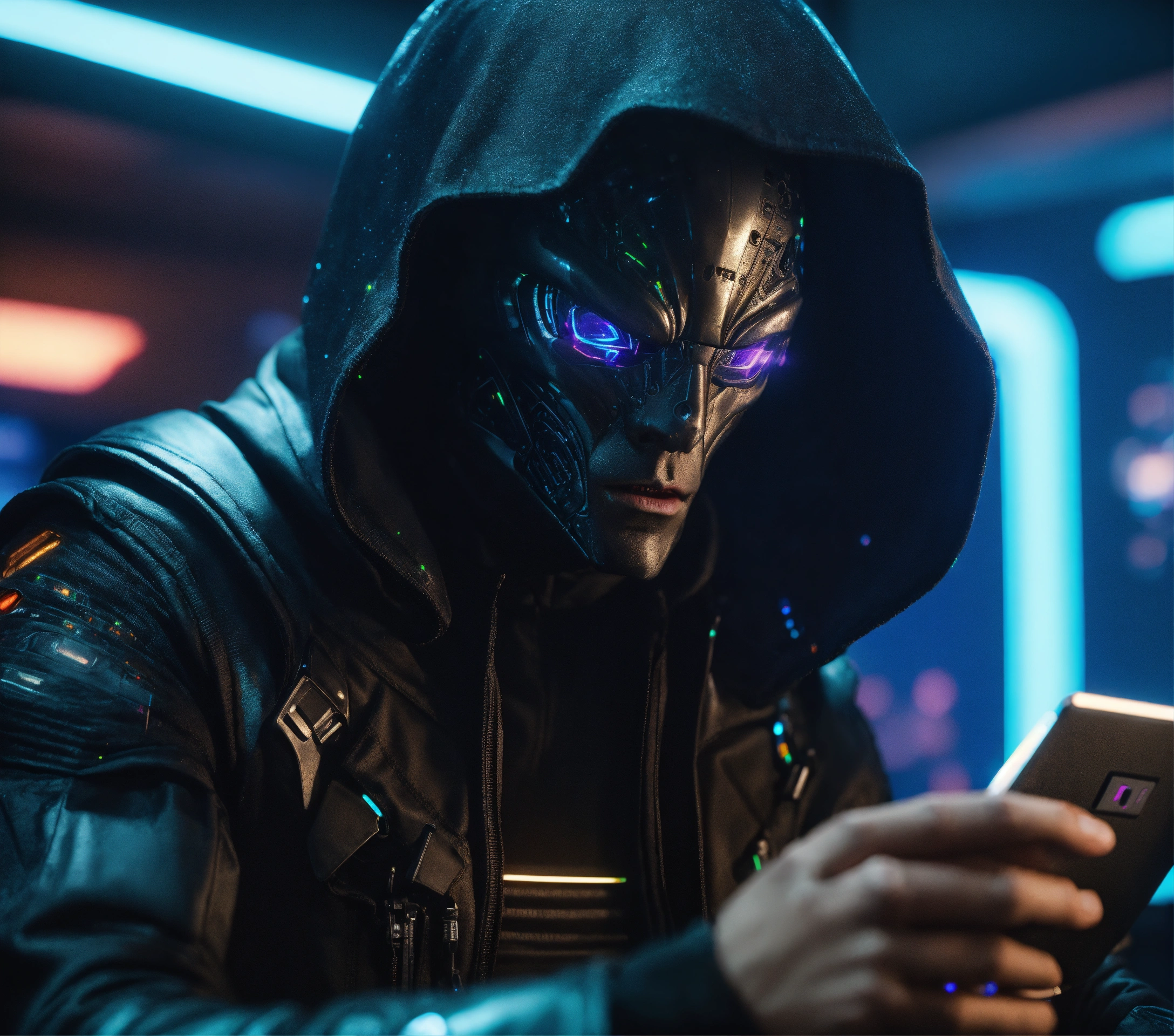Lexica - Male alien mutant half cyborg half monster hacker wearing a ...