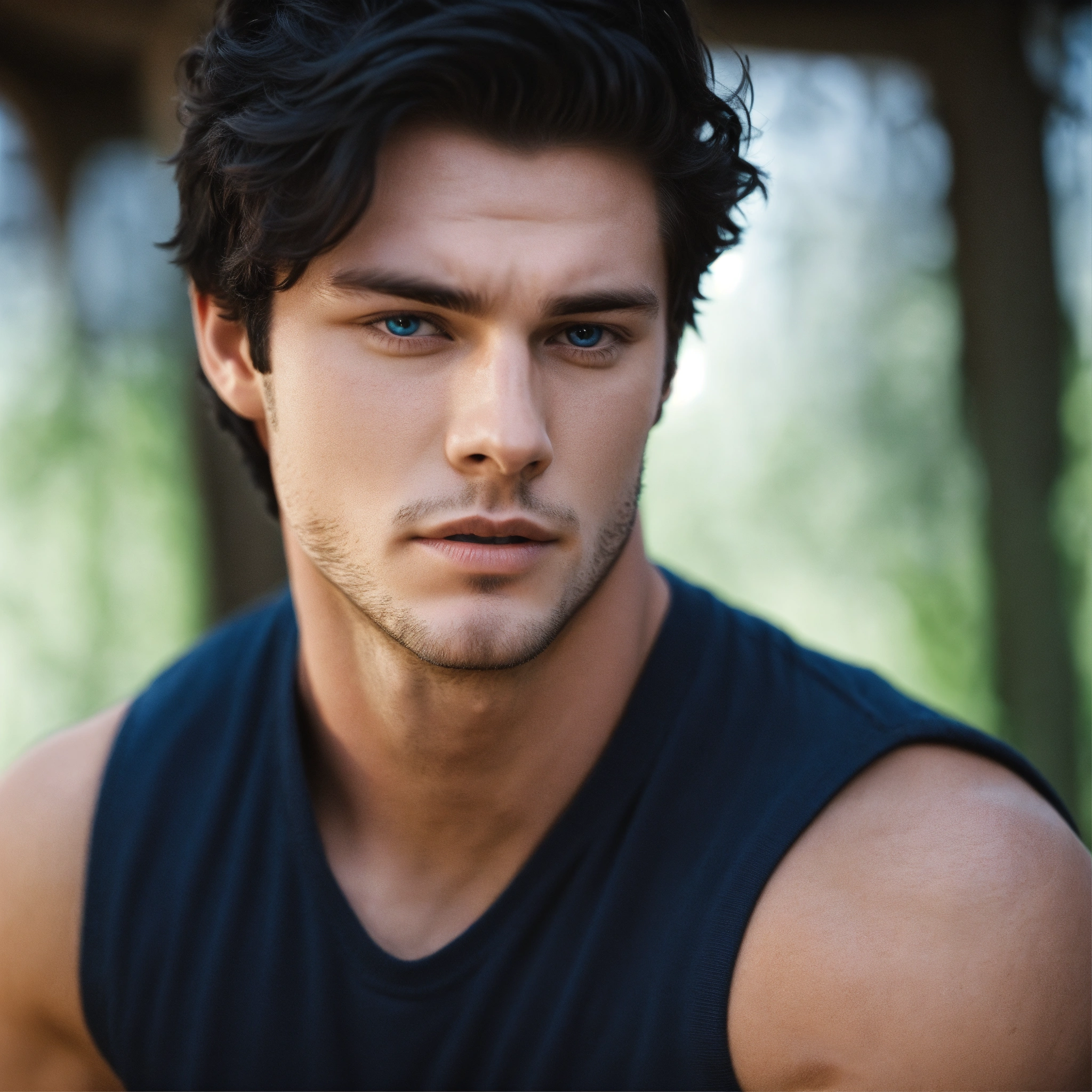 Lexica - Hot white boy face blue ayes black hair muscular face