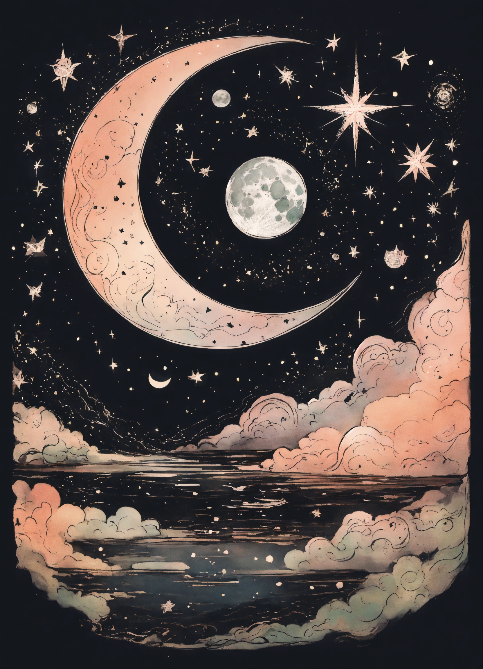 Lexica - Ink drawing tattoo style image of a smiling the moon ...