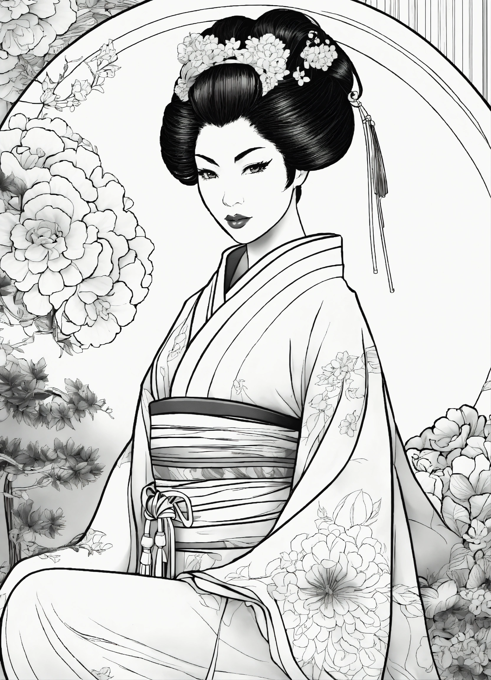 Lexica - Adult Coloring Book Page of a Geisha pin-up, Line Art, Black ...