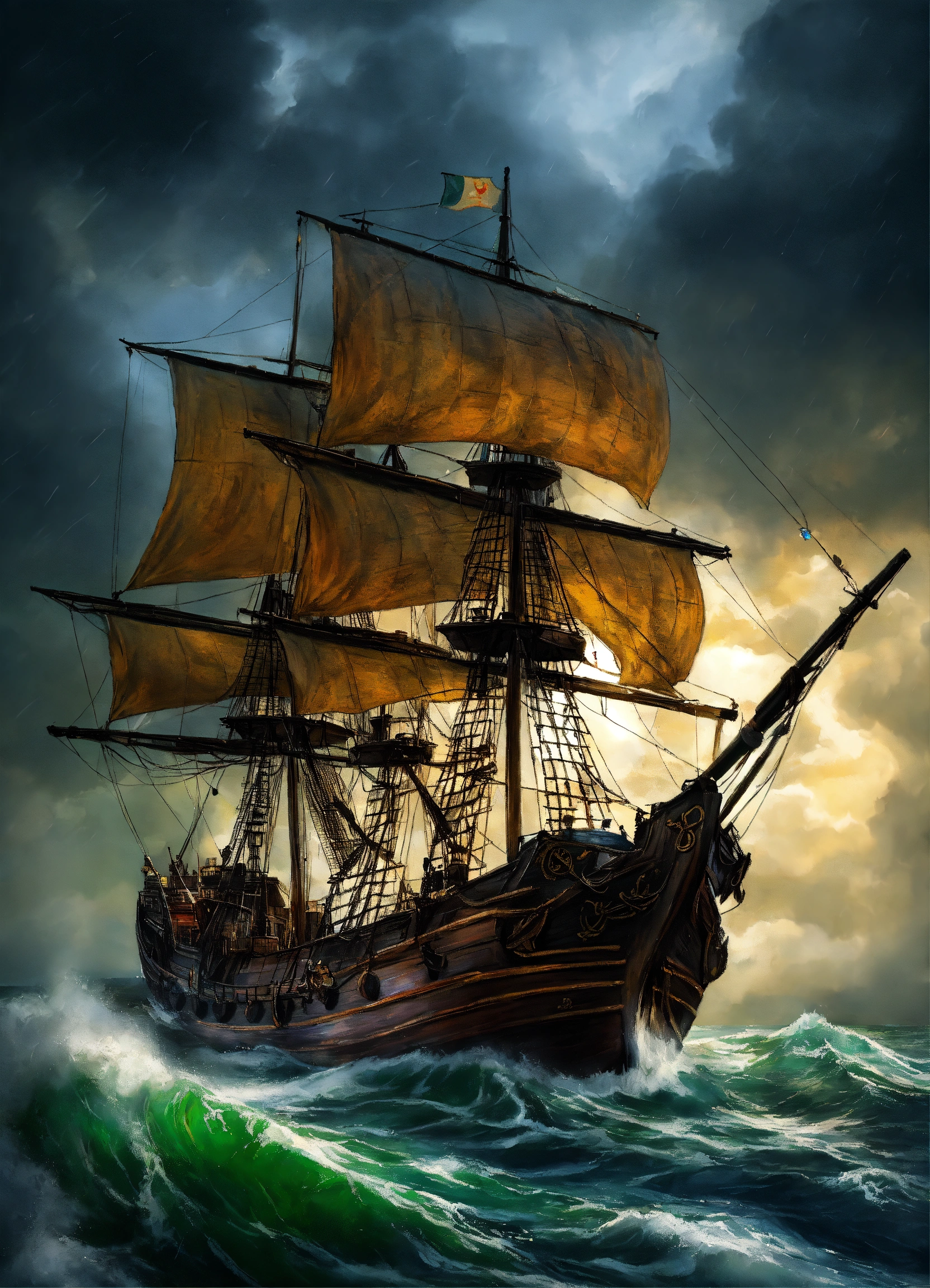 Lexica - A painting of a celtic pirate ship on the ocean during a storm ...