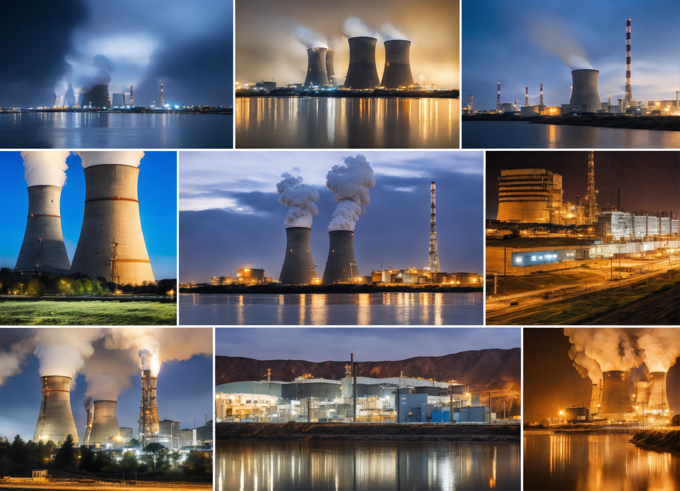 Lexica - Collage of 10 pictures of nuclear power industry. Stations in different cities and ...