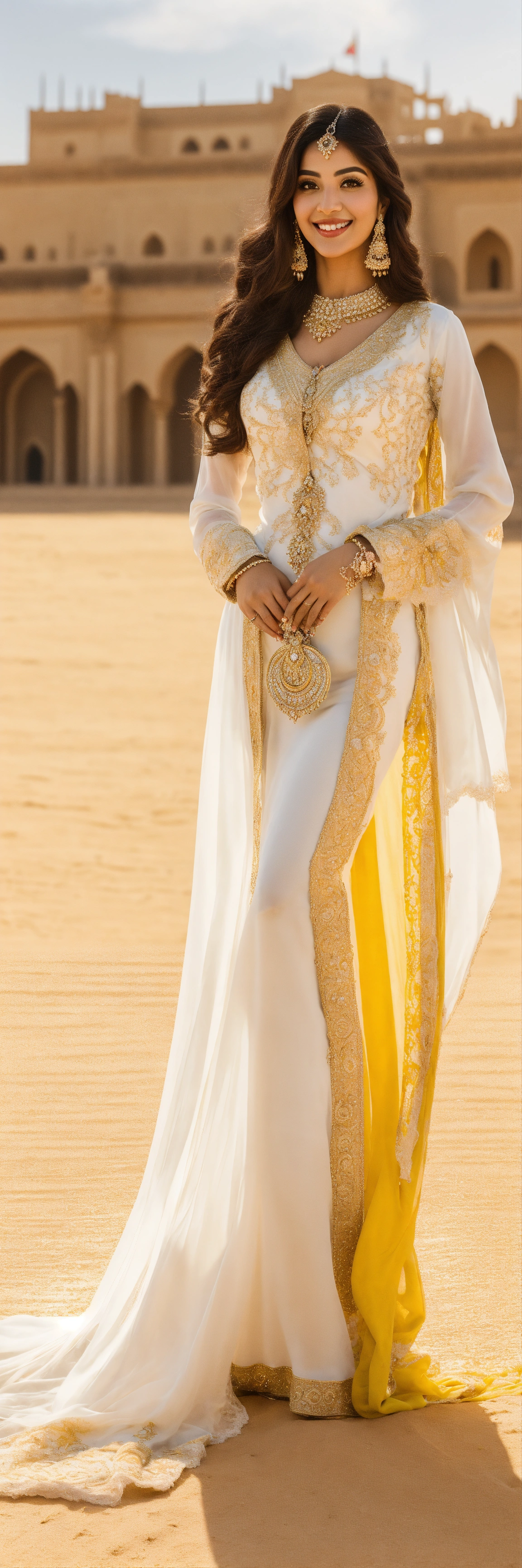 Lexica - Beautiful persian woman, standing in desert, royal palace ...