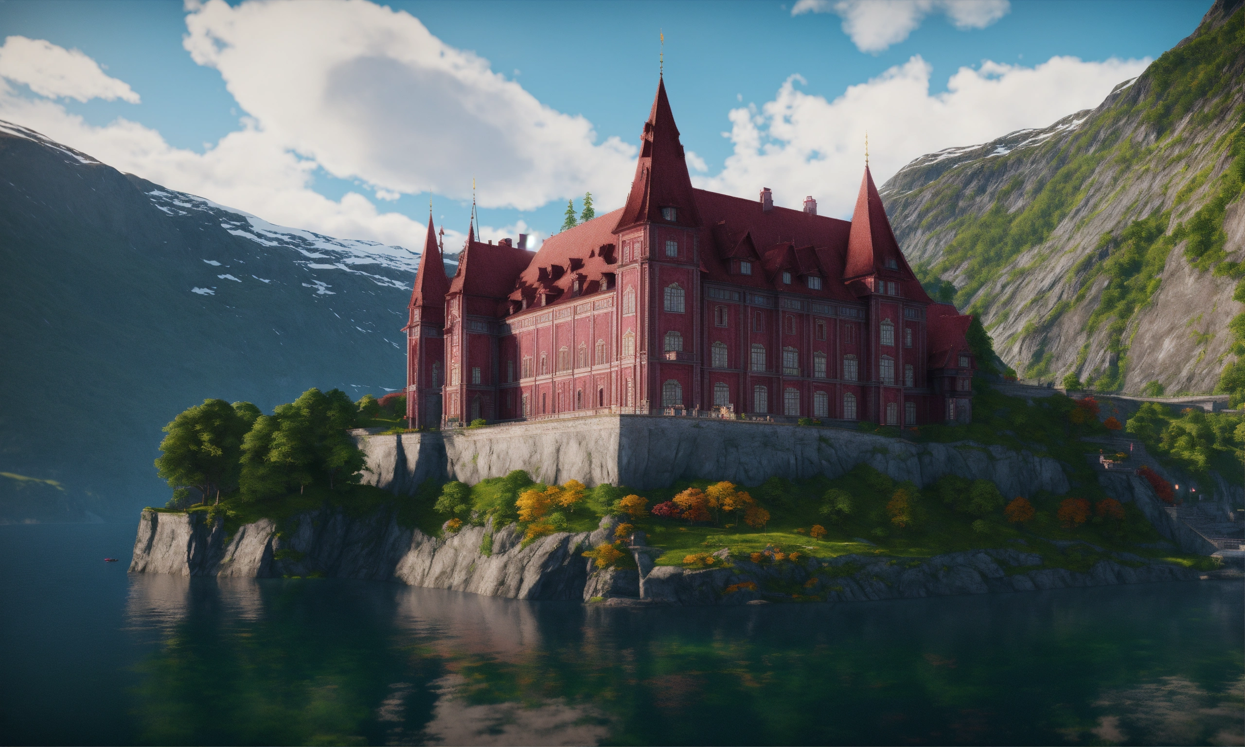 Lexica - Full image of a massive royal palace with a maroon roof on a cliff overlooking a Fjord ...