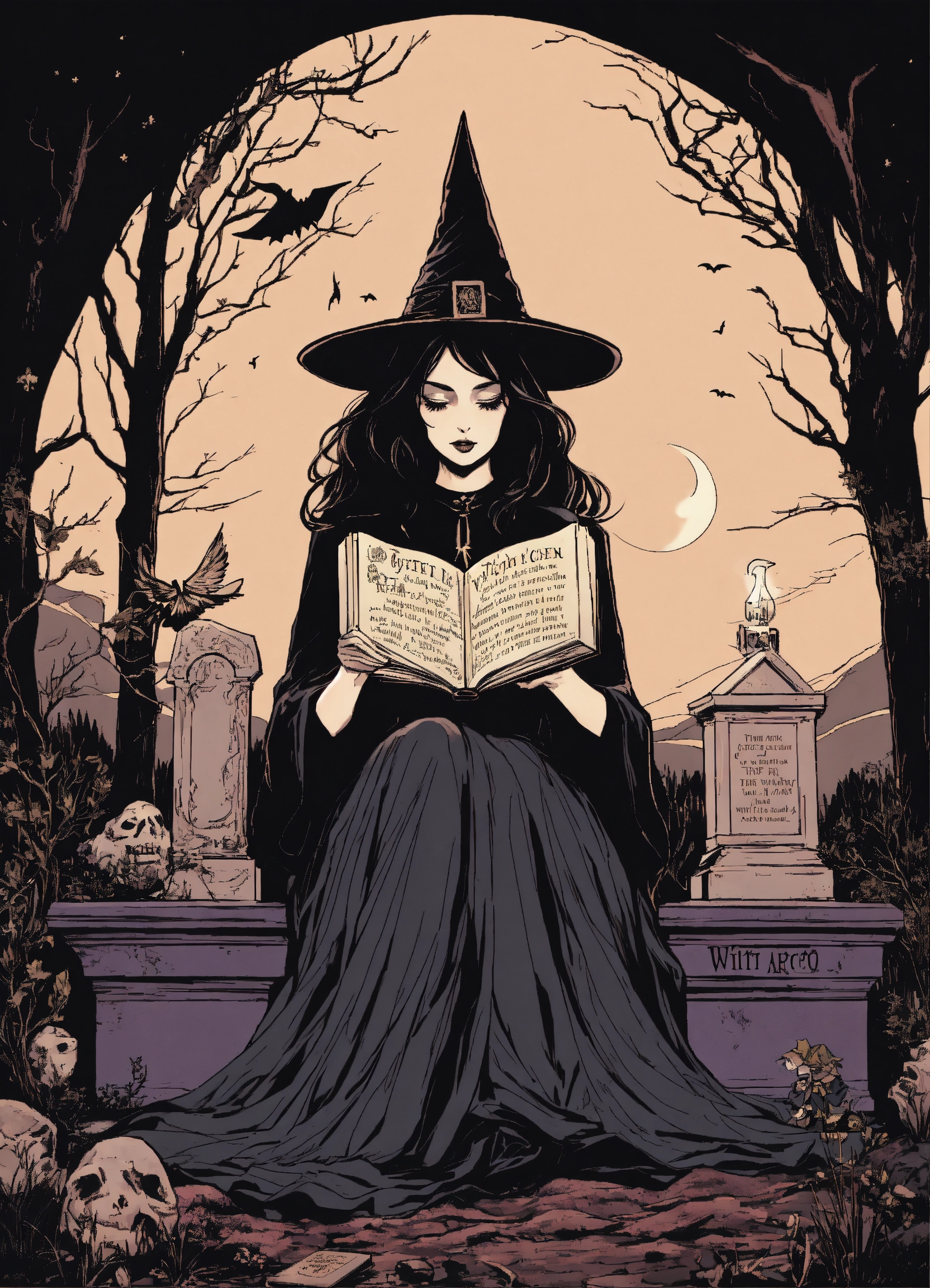 Lexica - Witch sitting on a grave reading a book, Vintage Gothic Dark ...