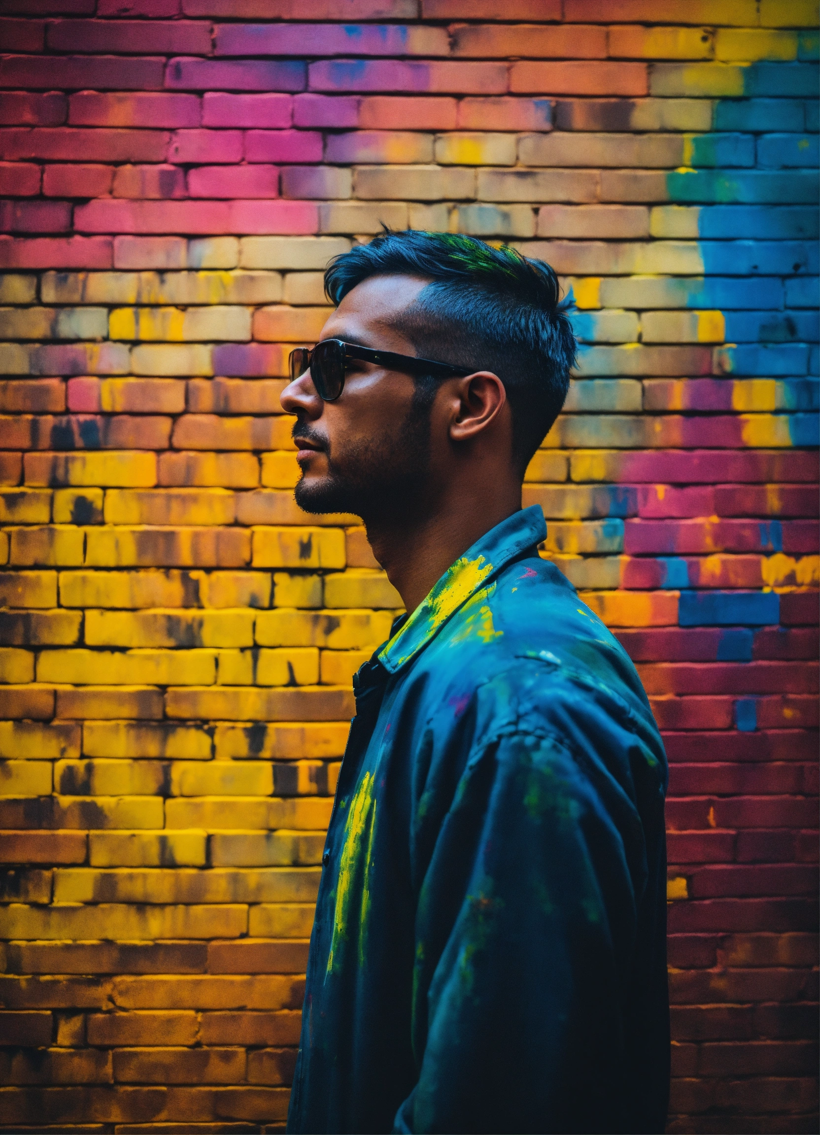 Lexica - Imagine a man painted on a brick wall. This man is in several ...