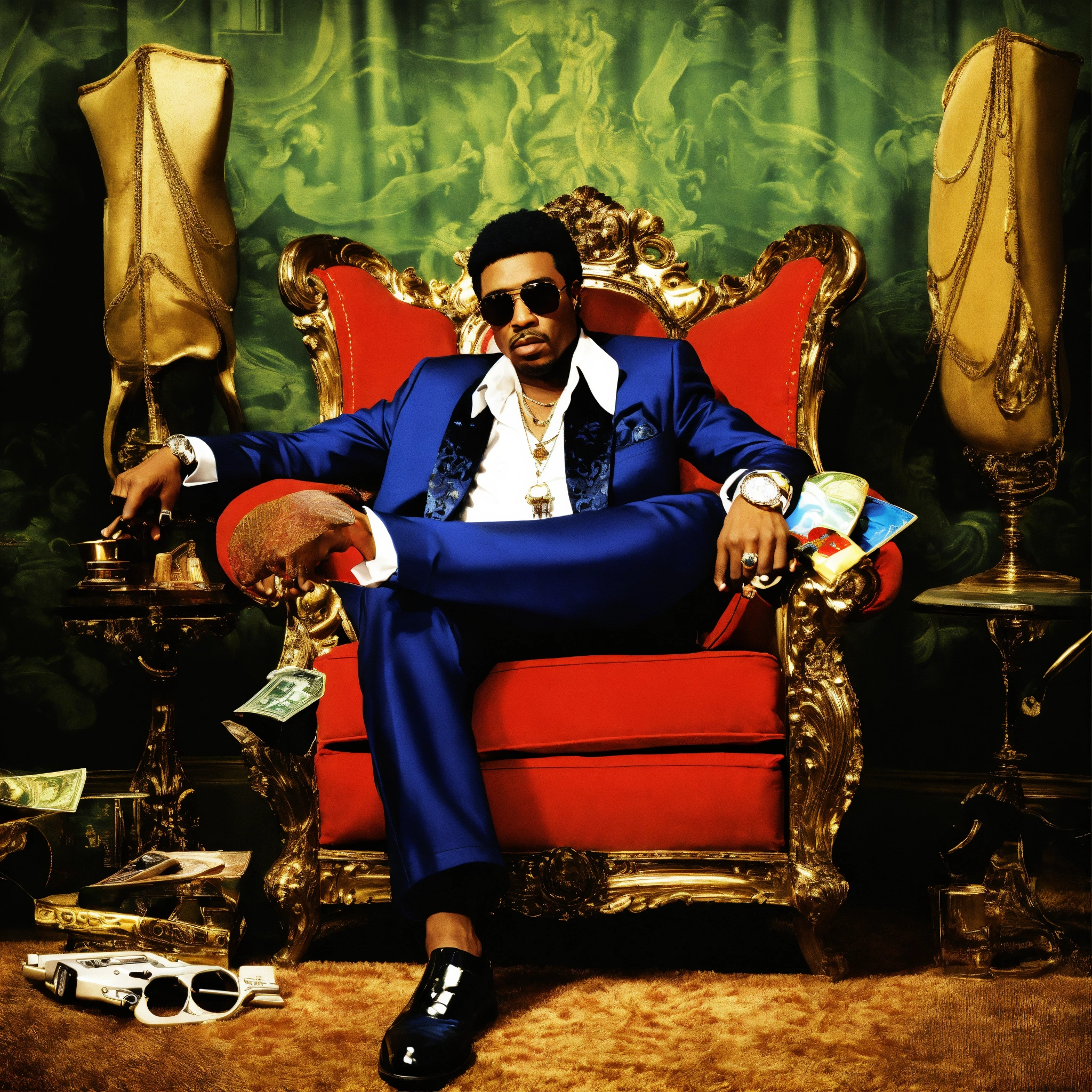 Lexica - Album artwork, 3d, full hd, 4d , revolver, dollar, living room, chair, black people ...