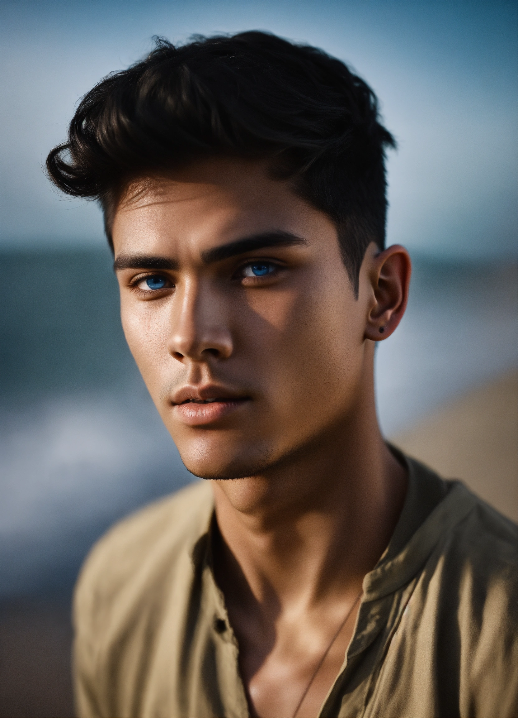 Lexica - Young man; Deep caramel tan skin, angular features; sharp ...