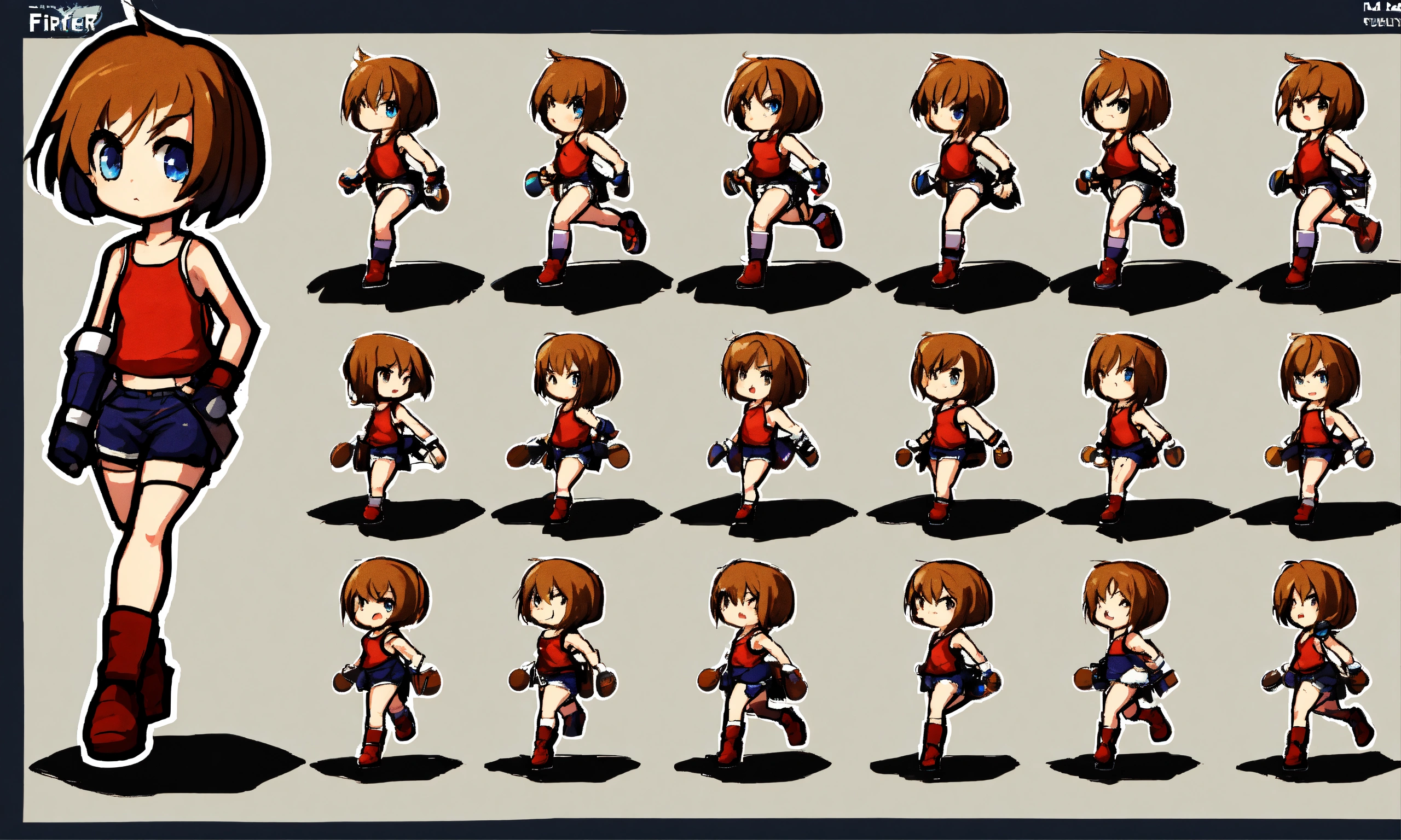 Lexica - Game assets, multiple poses, sprite sheet, girl, short hair ...