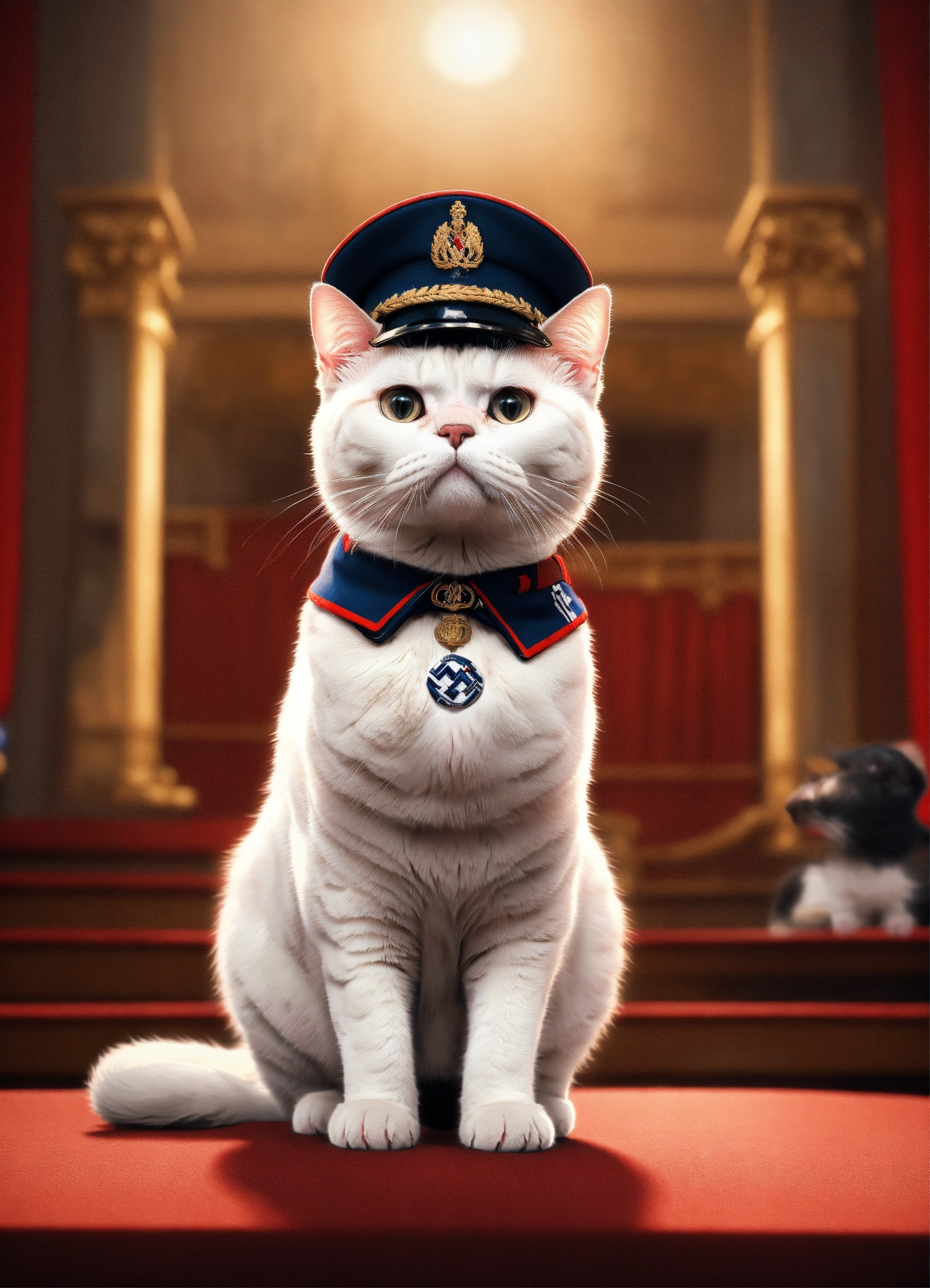 Lexica - A white british shorthair cat wearing giving a fascist WWII ...