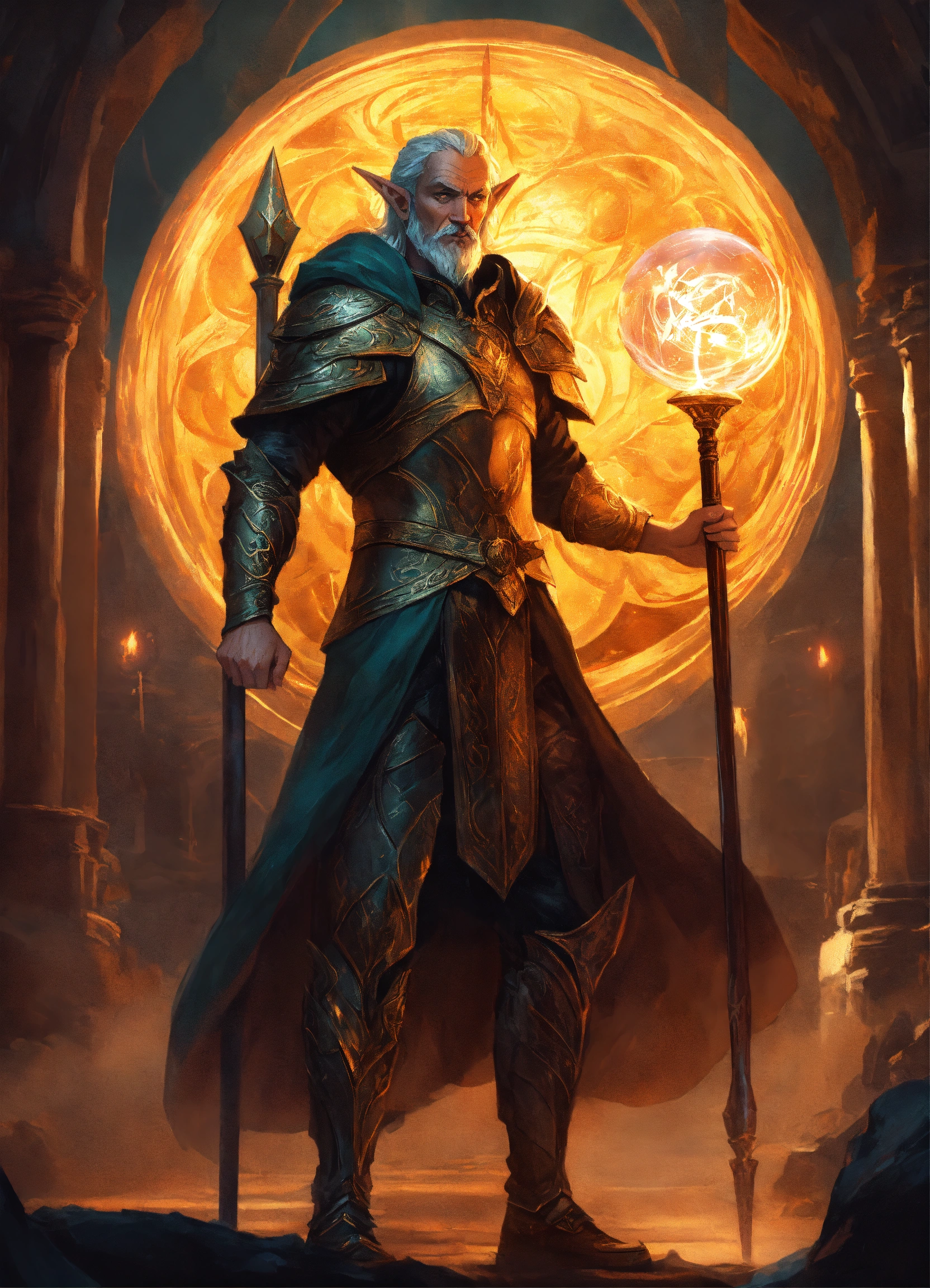 Lexica - Create a elder elf god in a heroic pose, holding a staff, back ...