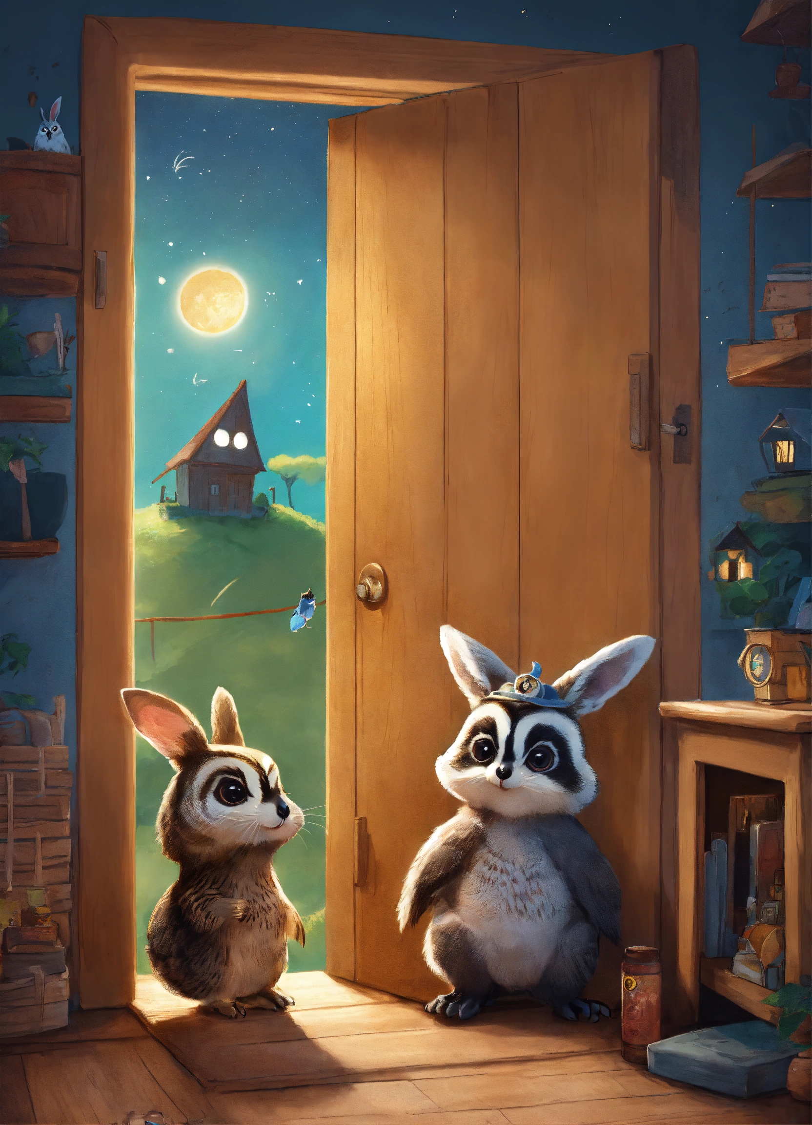 Lexica - Rabbit raccoon and owl Magic doors open with a soft chirp, The ...