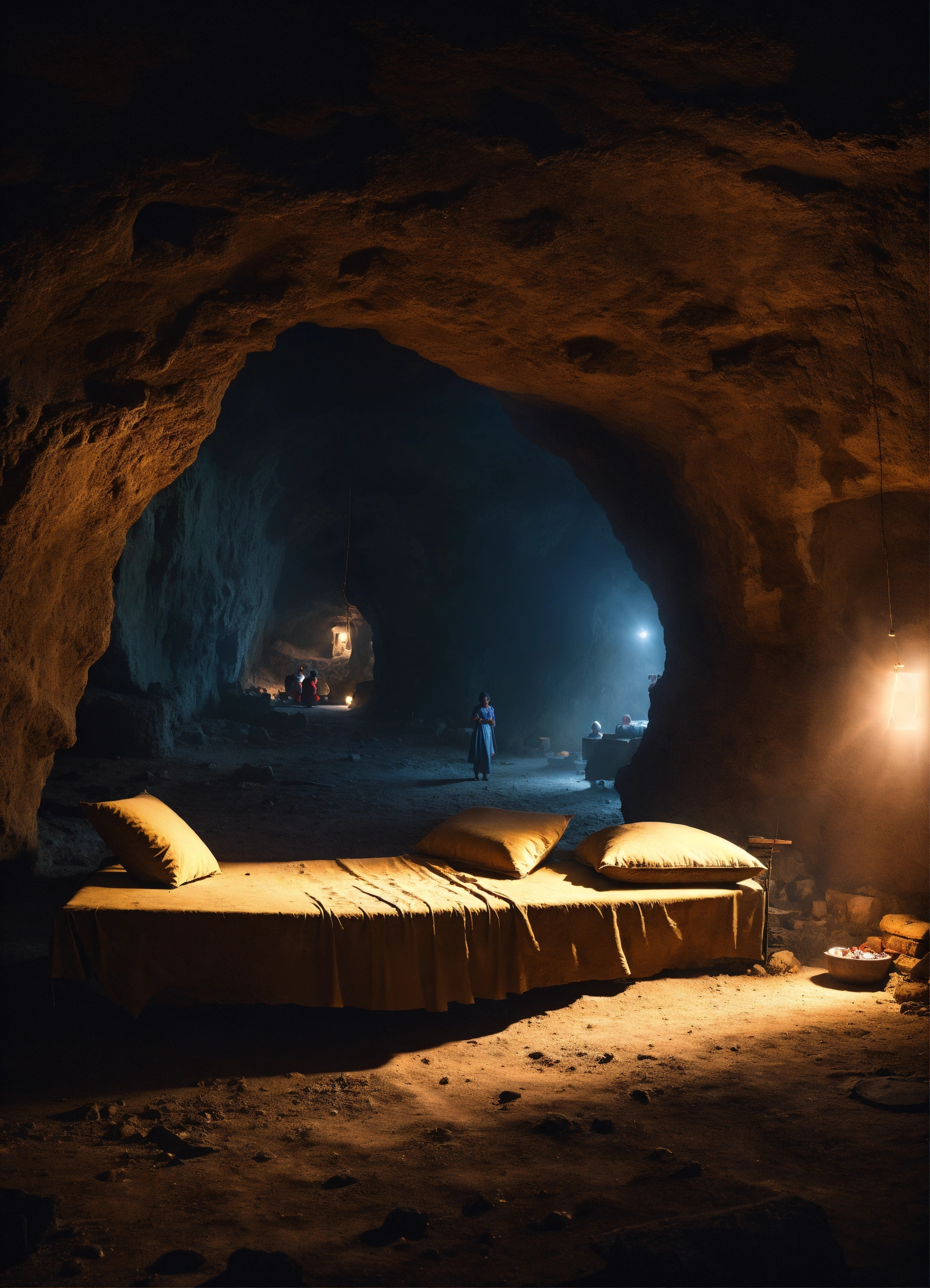 Lexica - A shanti refugee camp inside a dark cave. There is no natural ...