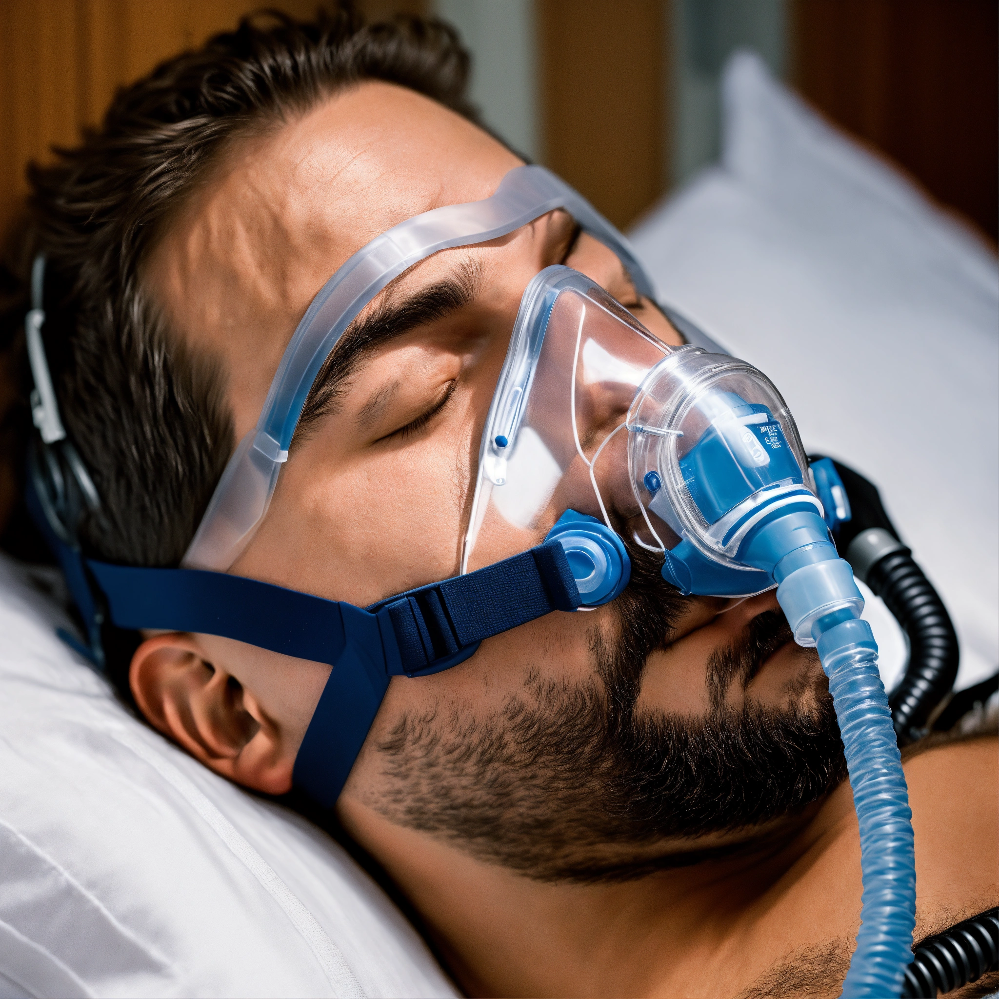 Lexica - A photo of a man sleeping with a CPAP mask on. The mask is ...