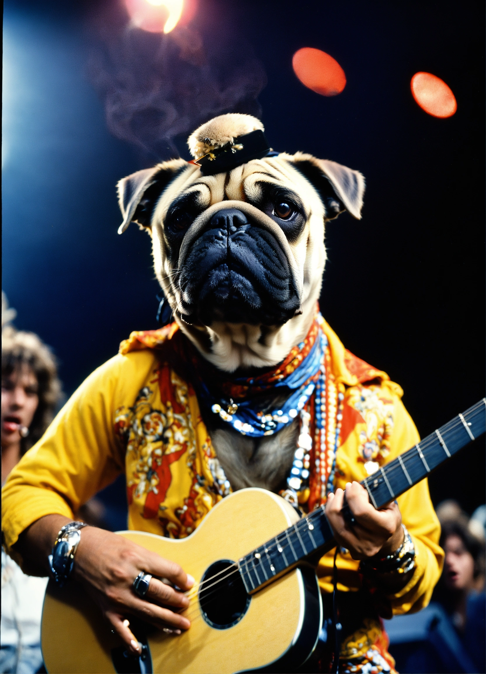 Lexica - A bulldog/pug playing guitar at a concert at Woodstock 1969 ...