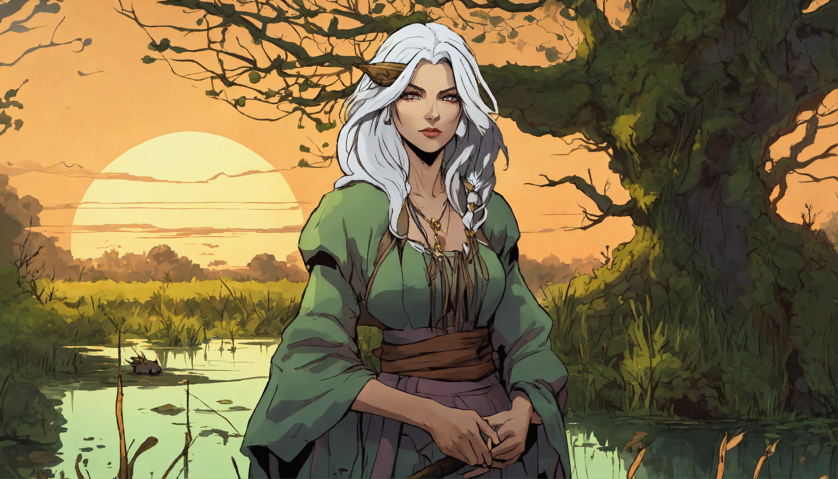 Lexica - An attractive older fey witch that lives in the swamp, white hair, no pupils, powerful ...