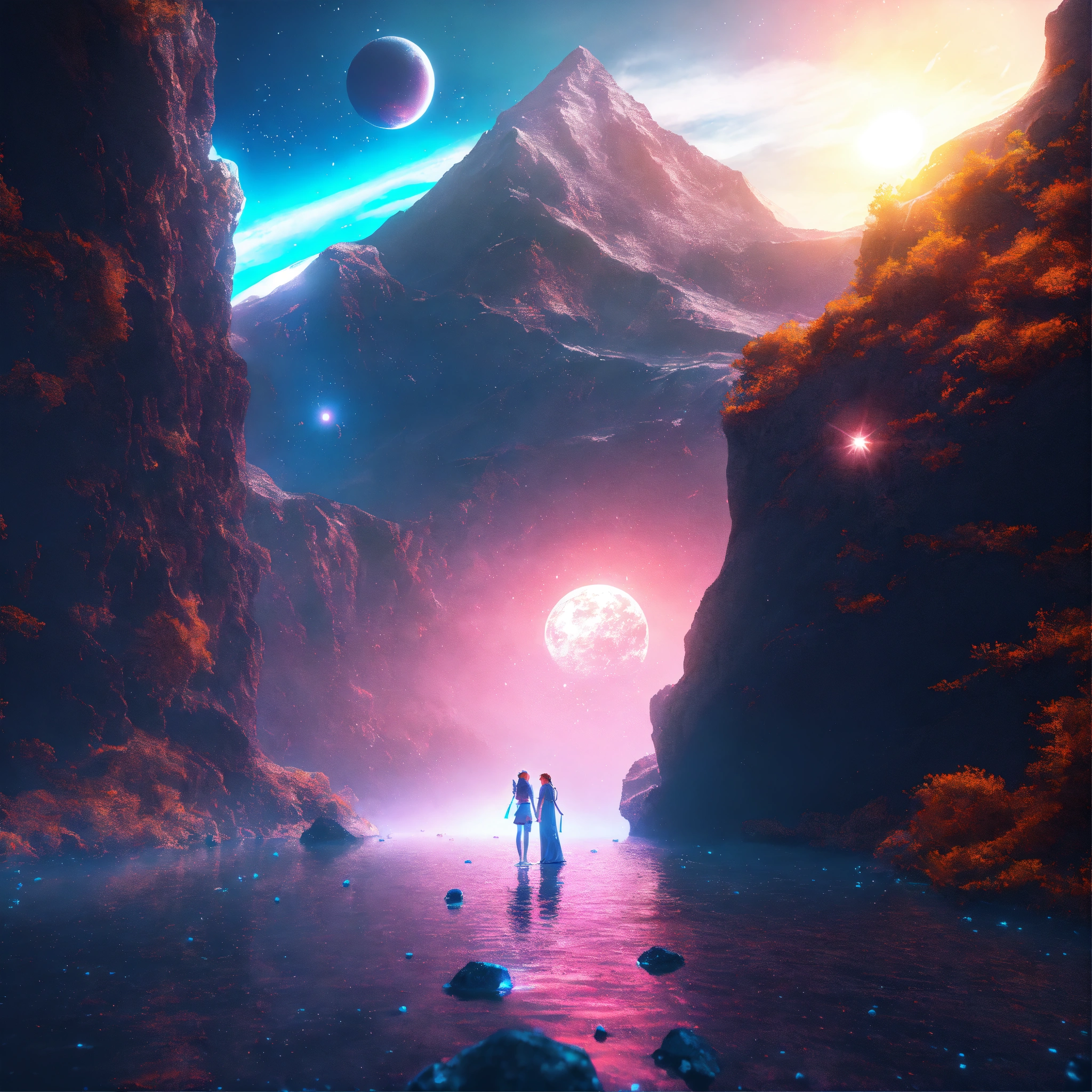 Lexica - Two ethereal water angel, mountain nebula, sun backgound ...