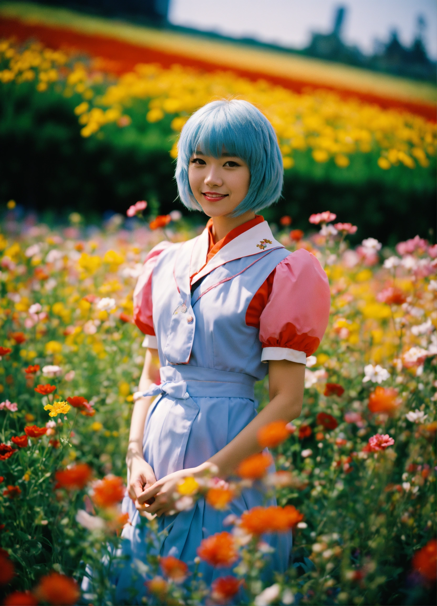 Lexica - Happy Rei Ayanami standing in a beautiful field of flowers ...