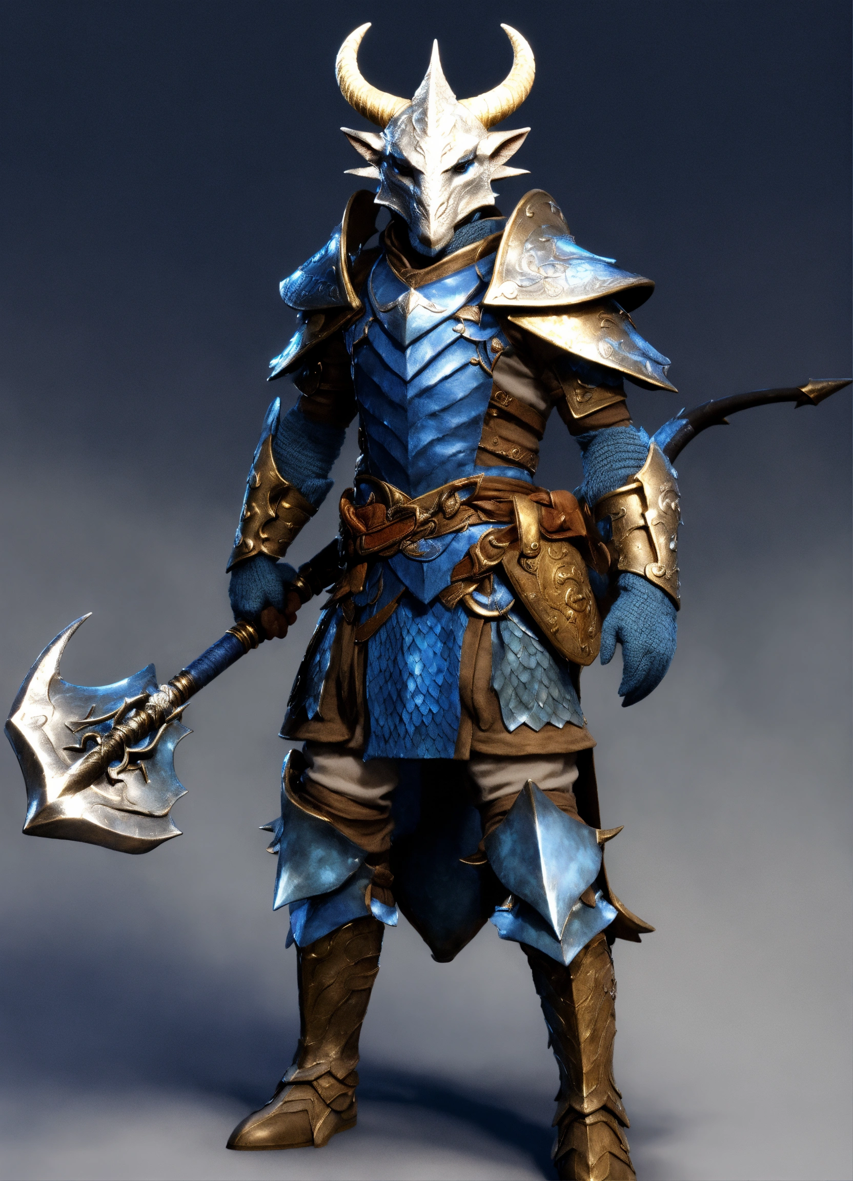 Lexica - Dragonborn, male, bronze, silver chest scales, white blue horns