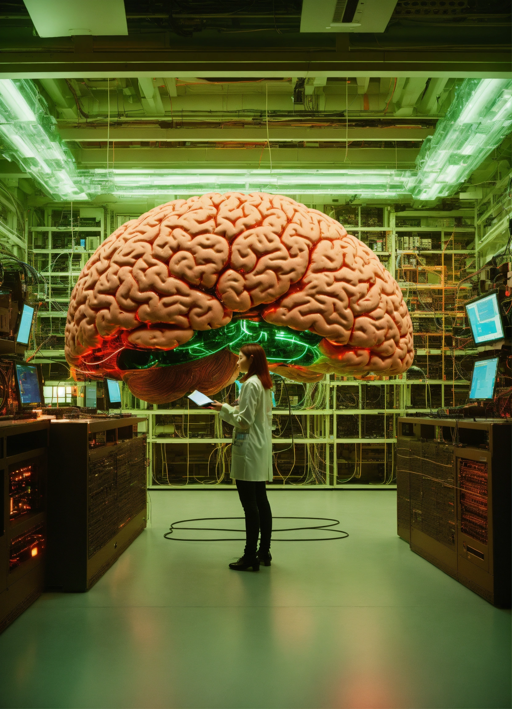 Lexica - In the center of the room, a colossal human brain is ...