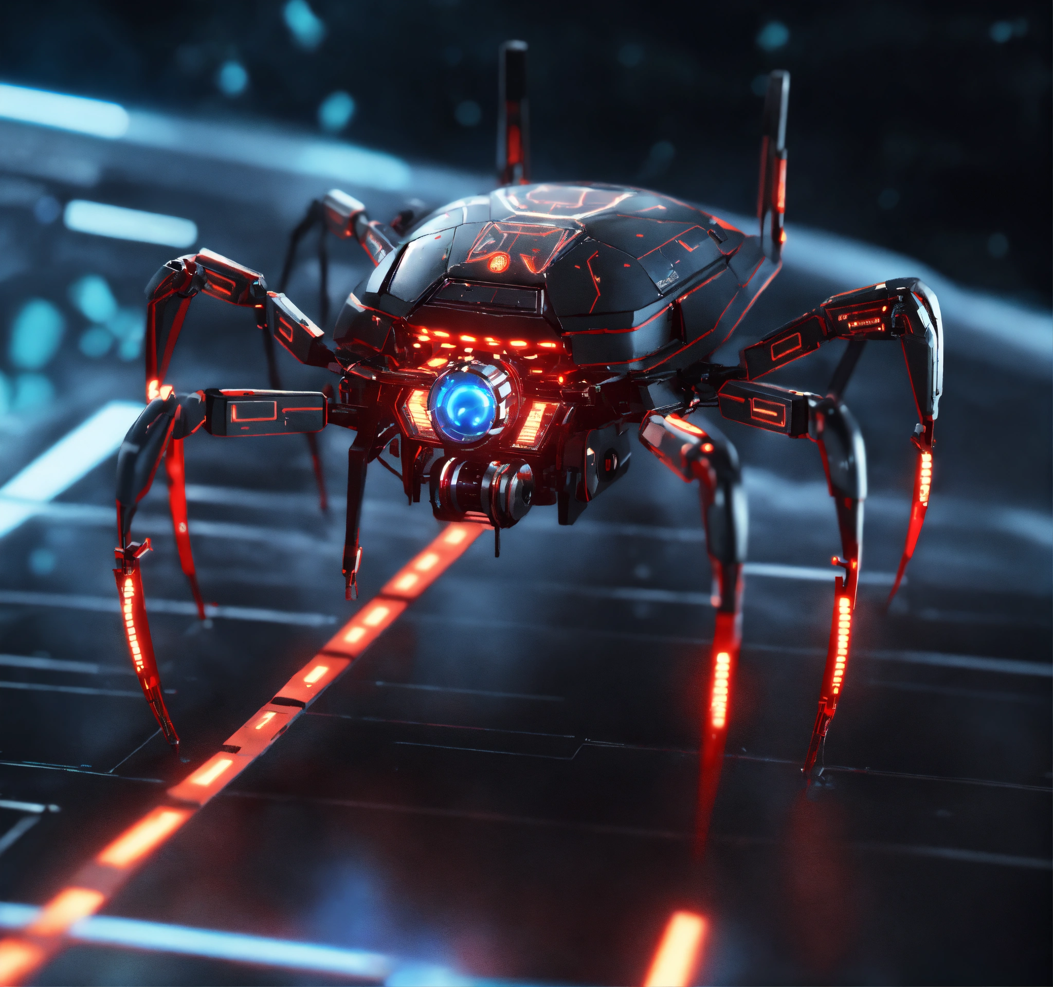 Lexica - Zoom out on a extra long black robotic black widow spider ...