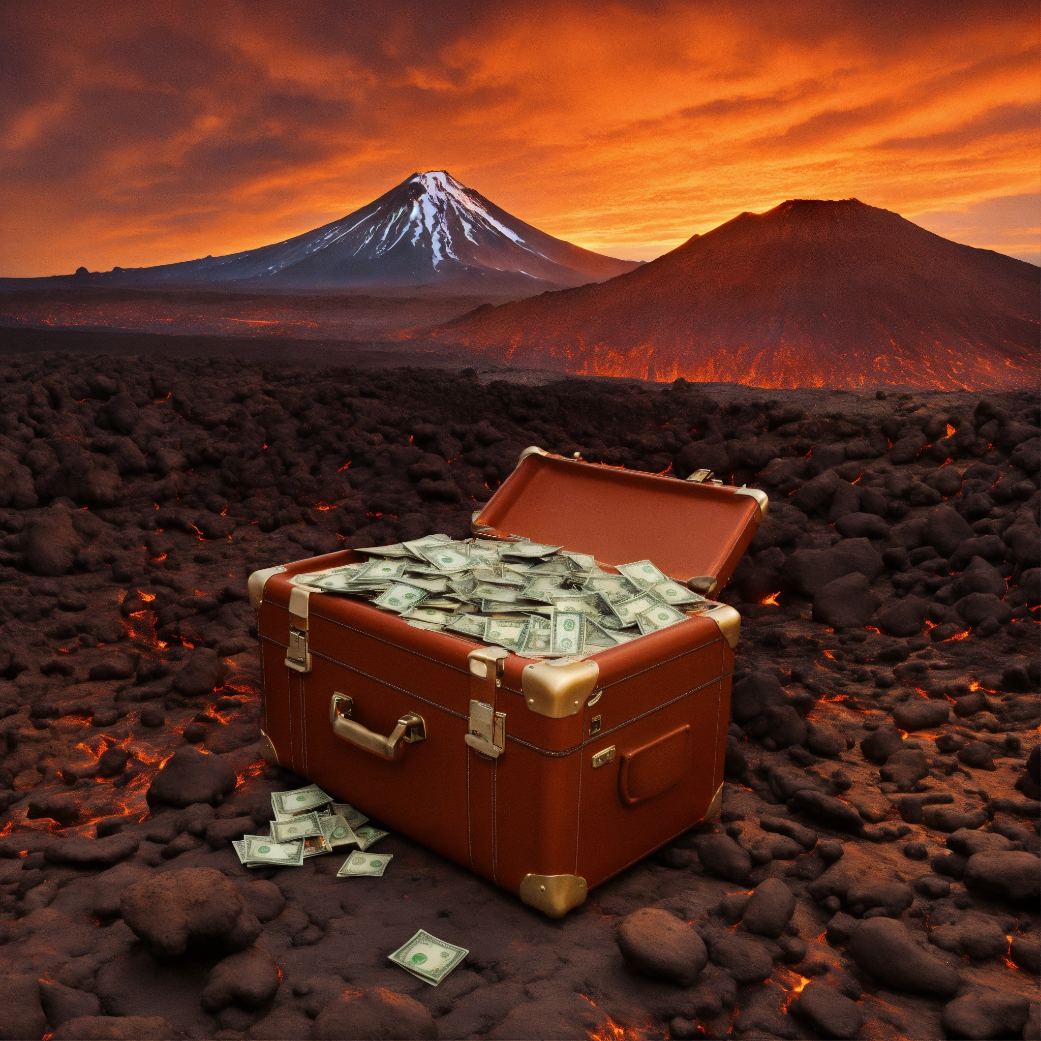 Lexica - A suitcase full of money lies in the lava of a volcano.