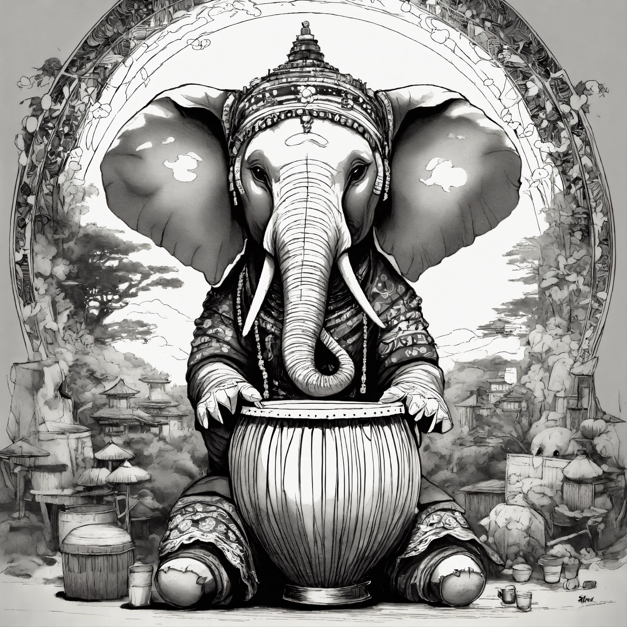 Lexica - There is a baby elephant playing a drum, manga cartoon ...