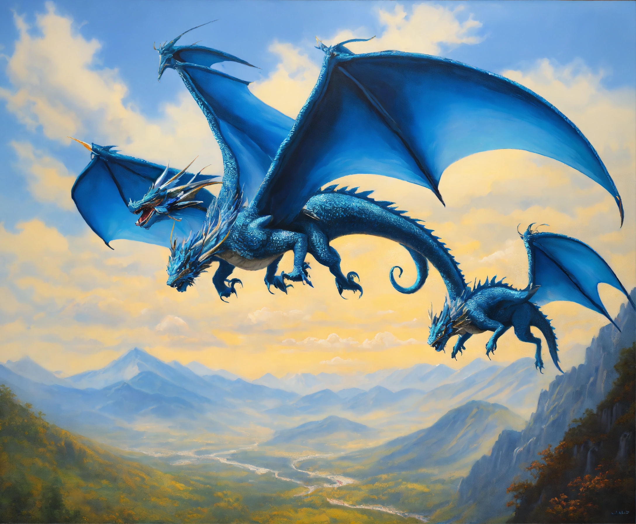 Lexica - Oil painting of two blue dragons fly side by side through the ...