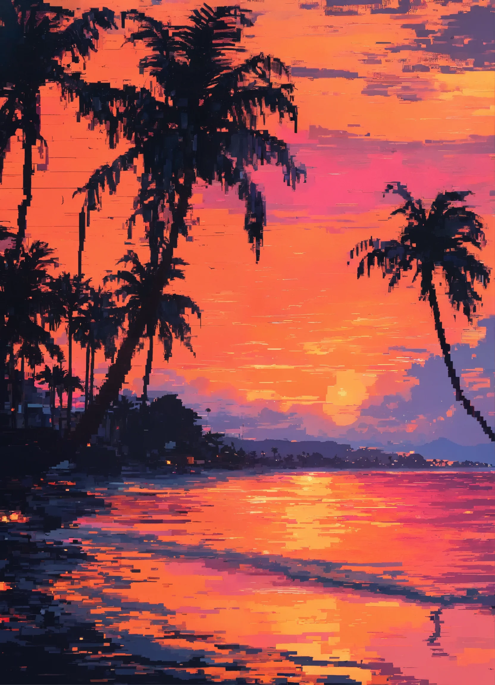 Lexica - The pixelated beach scene with a vibrant orange and pink ...