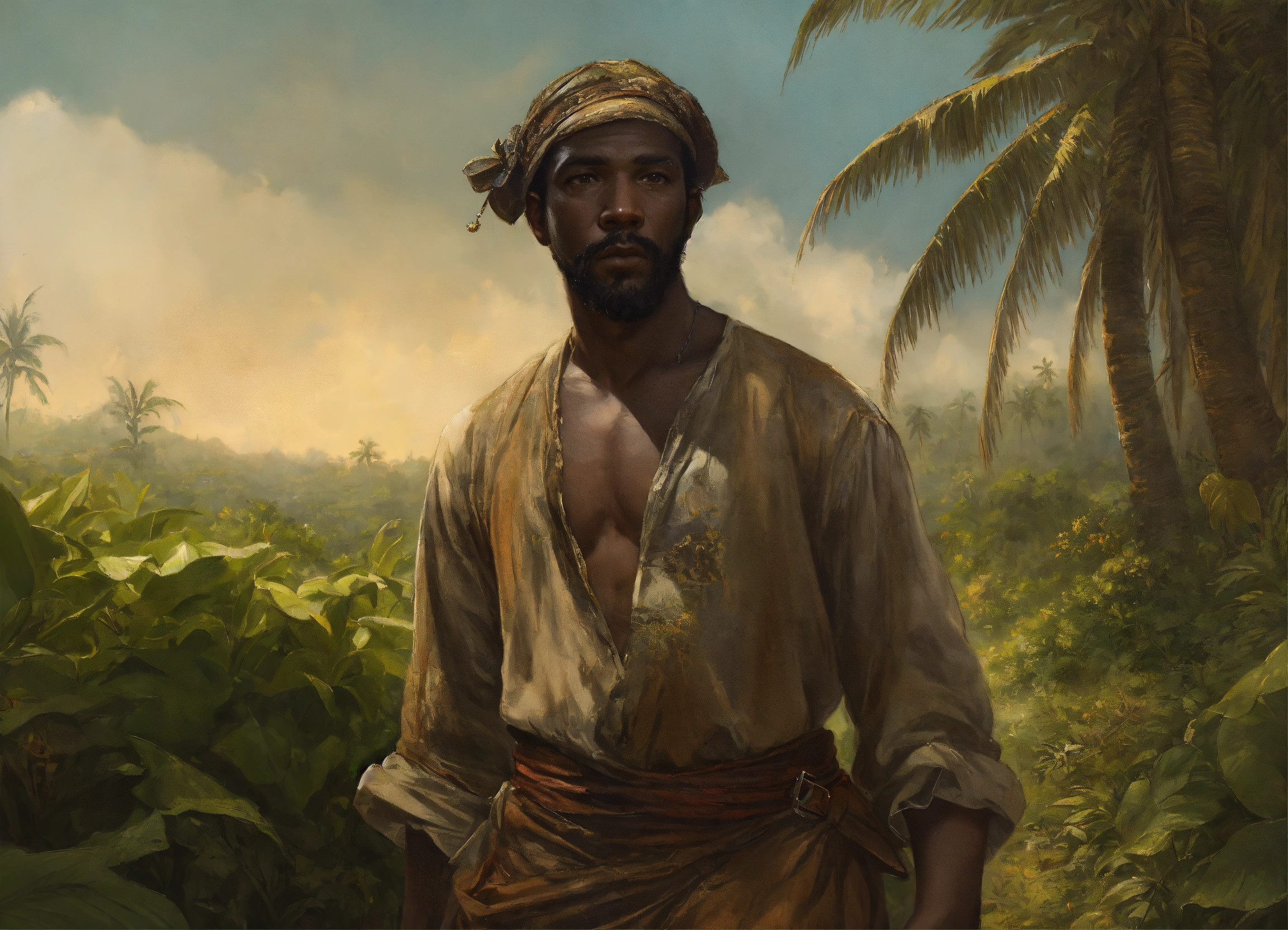 Lexica - Close up, Black poor man farming on a plantation surrounded by ...
