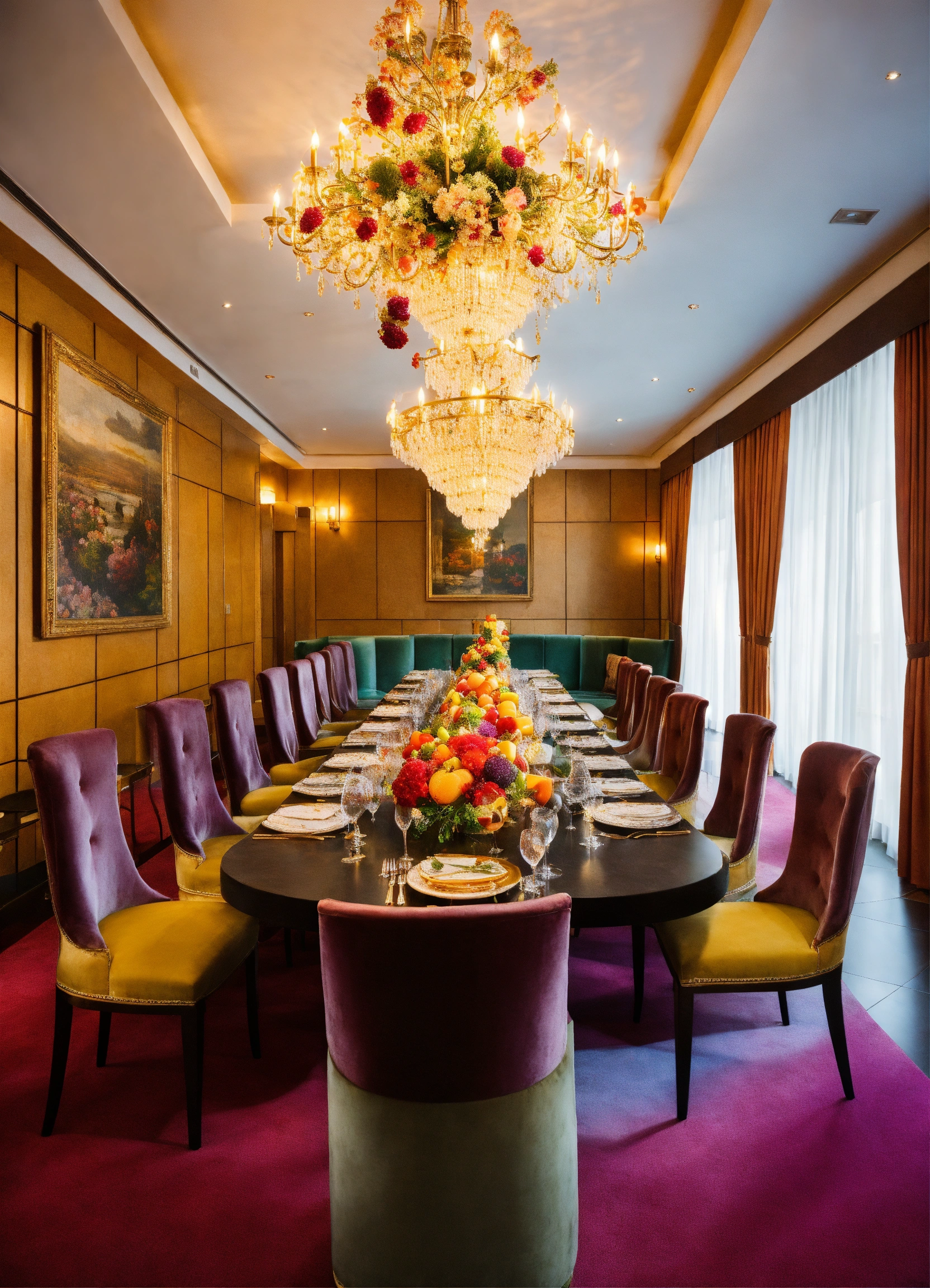 Lexica - Modern upscale hotel, private dining hall, long table, gold ...