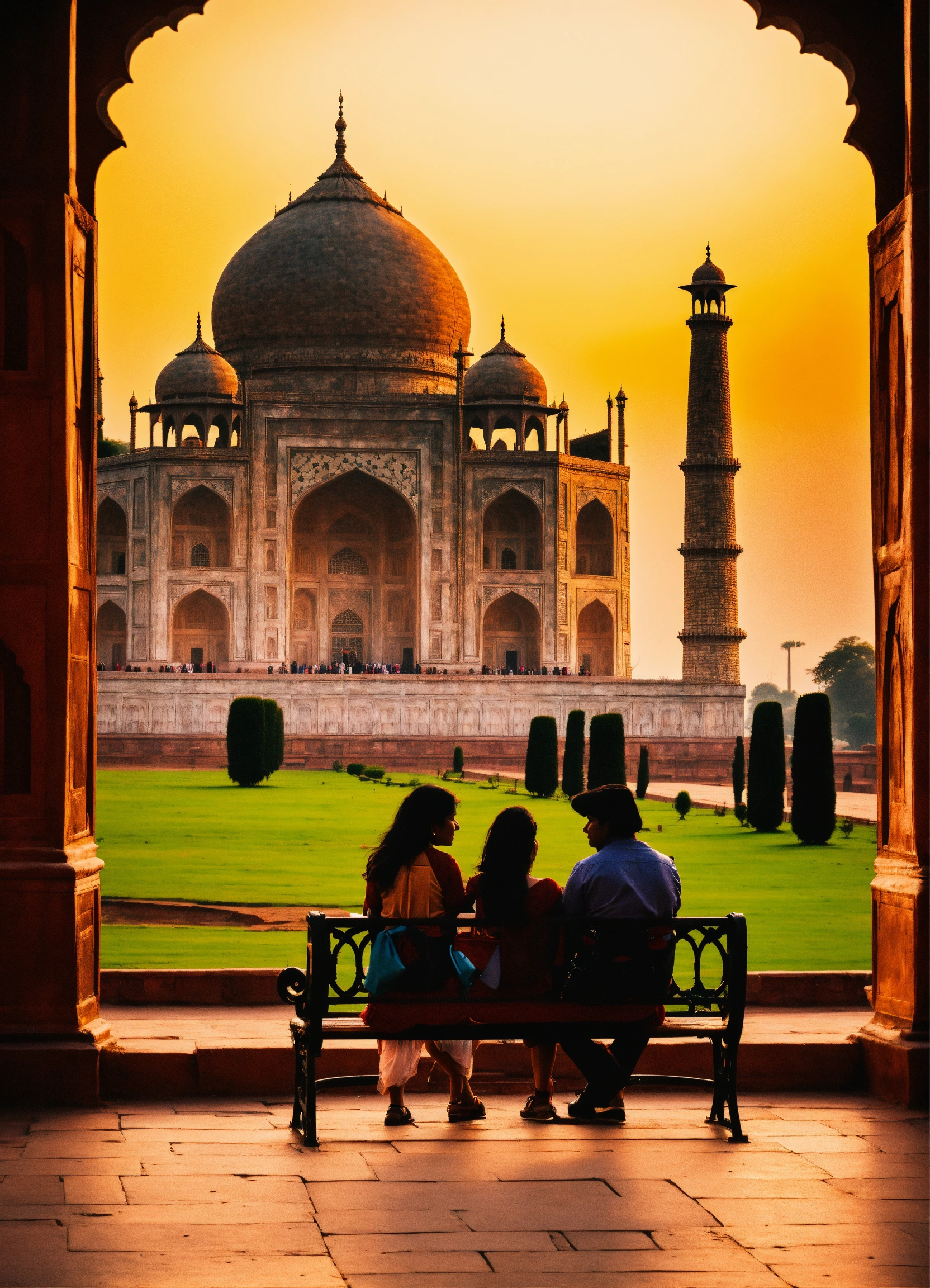 Lexica - Lovers on park bench distance india at taj mahal