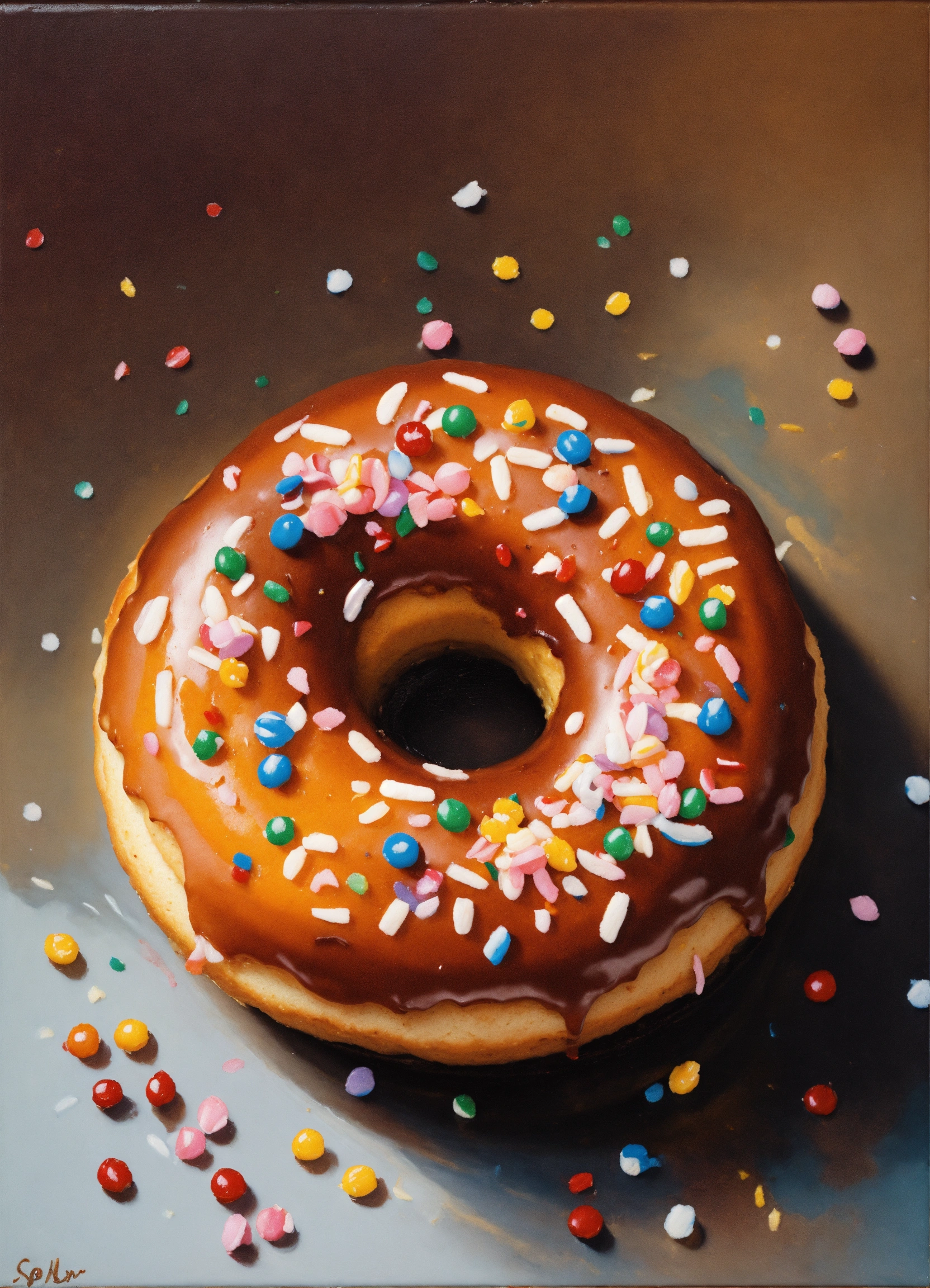 Lexica - Still life oil painting of donut with sprinkles in the style ...