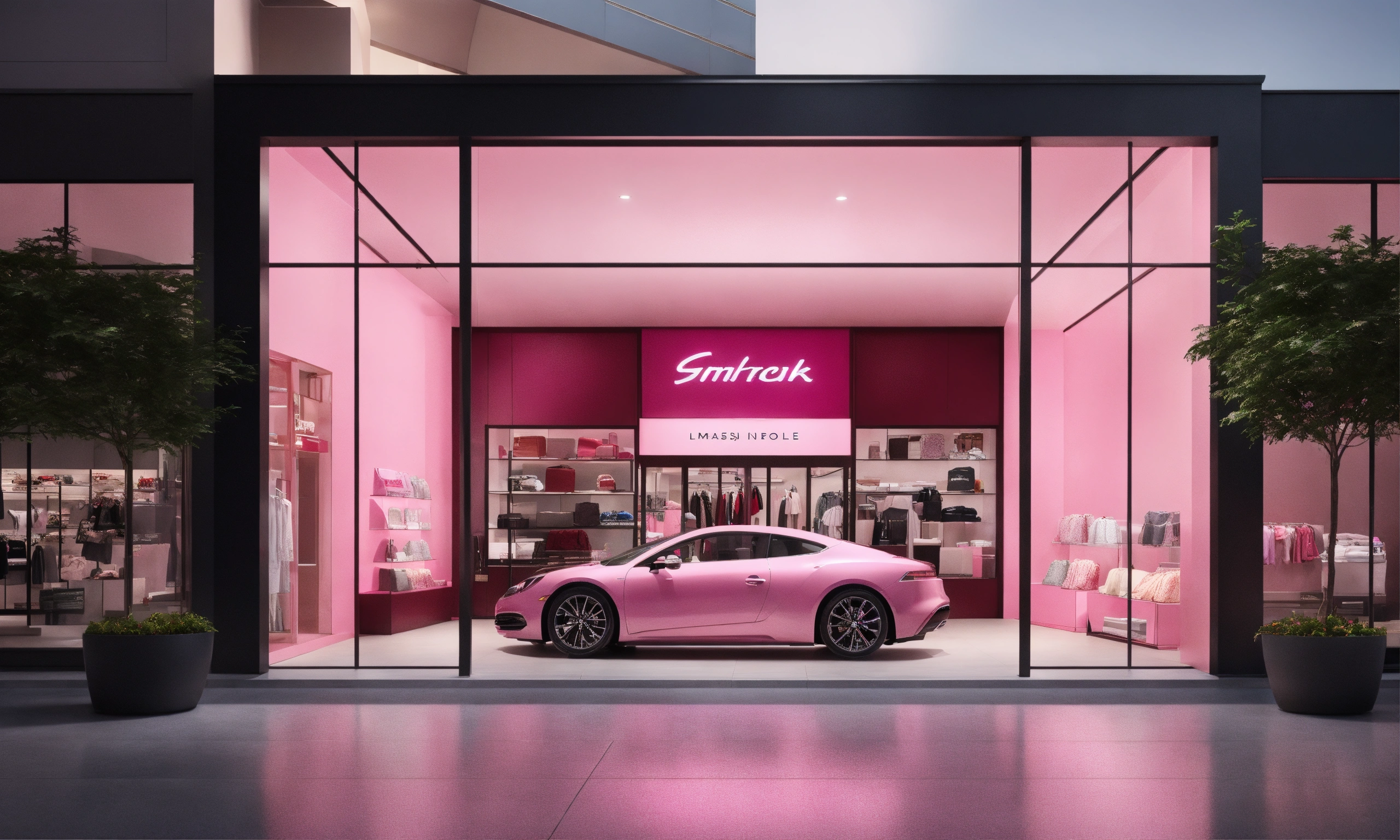 Lexica - Indoor, inside mall, small store, car rental store, pink car ...